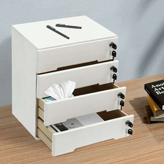 4-layer white wooden desktop storage box file cabinet with lockable ...