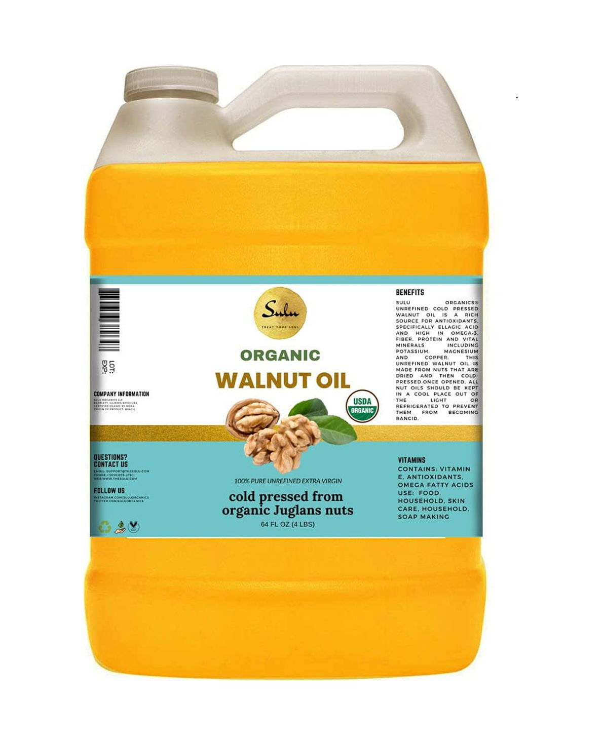 SULU ORGANICS Walnut Oil 4 lbs Cold Pressed, Unrefined, Extra Virgin ...