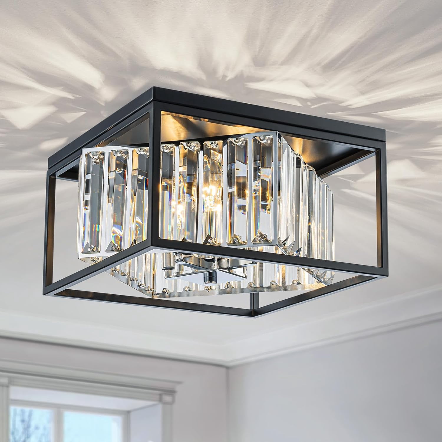 4-light 9-crystal ceiling light, close to ceiling, 2-layer square ...