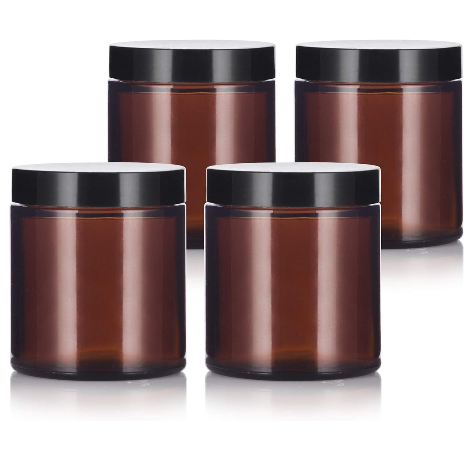 4 oz Amber Glass Straight Sided Jar with Black Smooth Lid (4 Pack ...