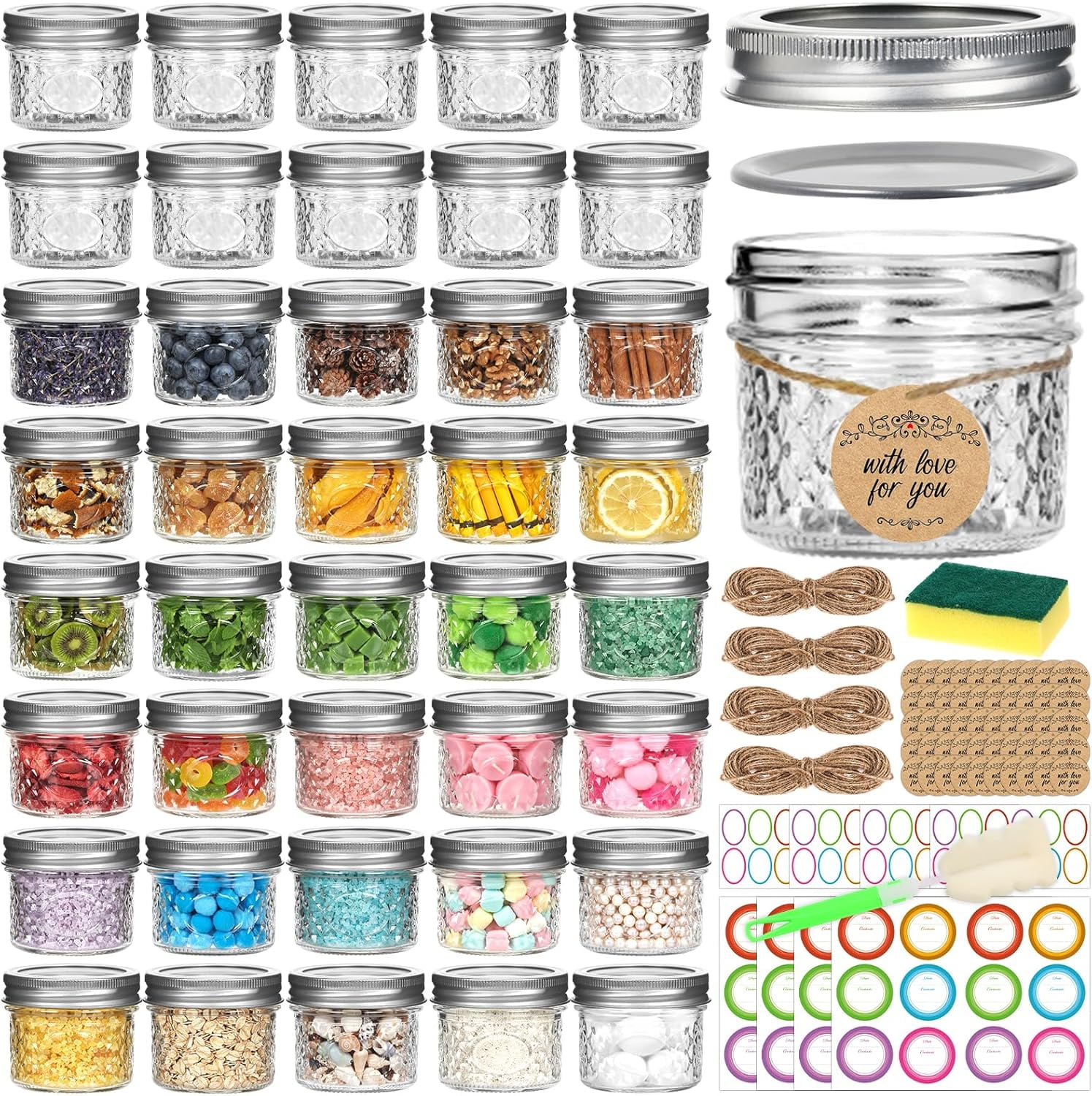4 oz Glass Mason Jars with Airtight Silver Lids and Bands 40-Pack with ...