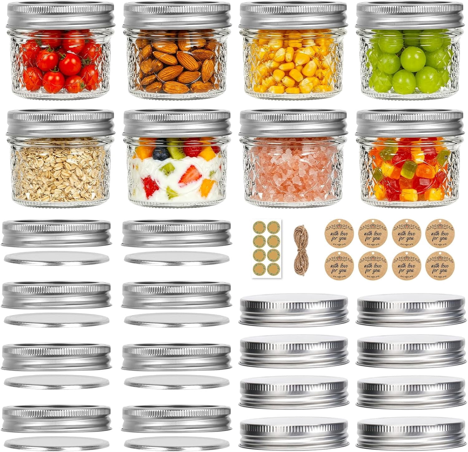 4 oz Mason Jars 8 Pack, Diamond Pattern Glass Canning Jars with ...