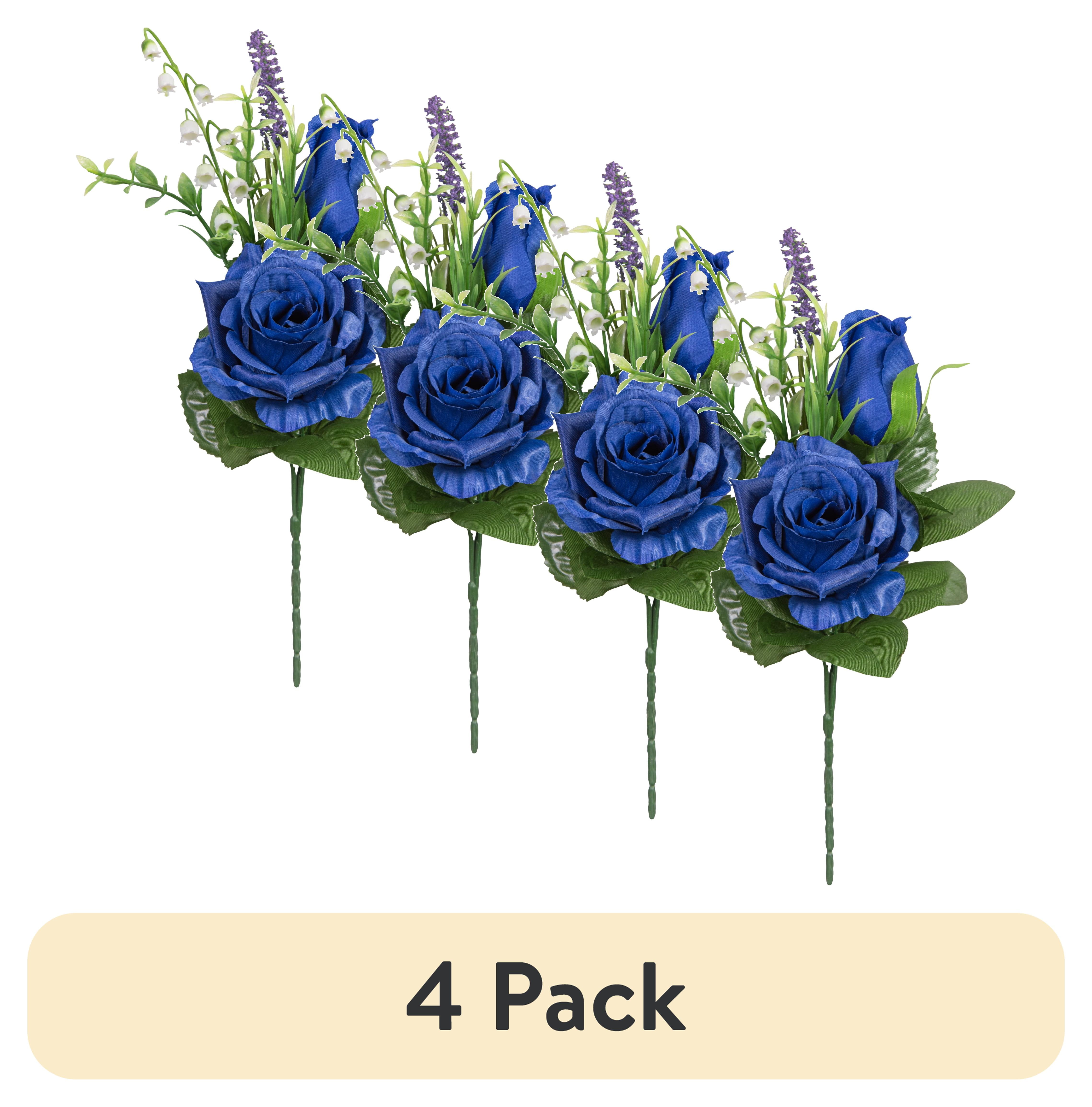 (4 pack) 12-inch Artificial Silk Blue Roses Mixed Flower Pick, for ...
