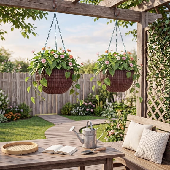 4-pack 13.8" Self-Watering Hanging Planters, Rattan-Look Baskets with ...