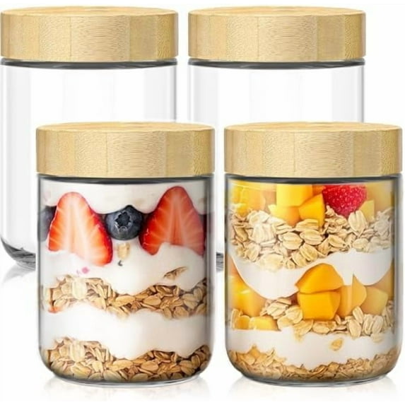 4 pack 16oz Overnight Oats Containers with Bamboo Lids, Glass Jars with ...
