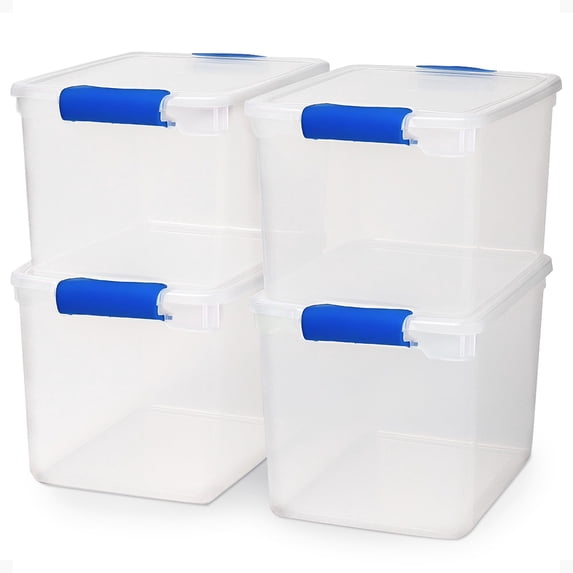 4-pack 31 Quart Latching Lid Clear Plastic Storage Organizer Bins Blue ...