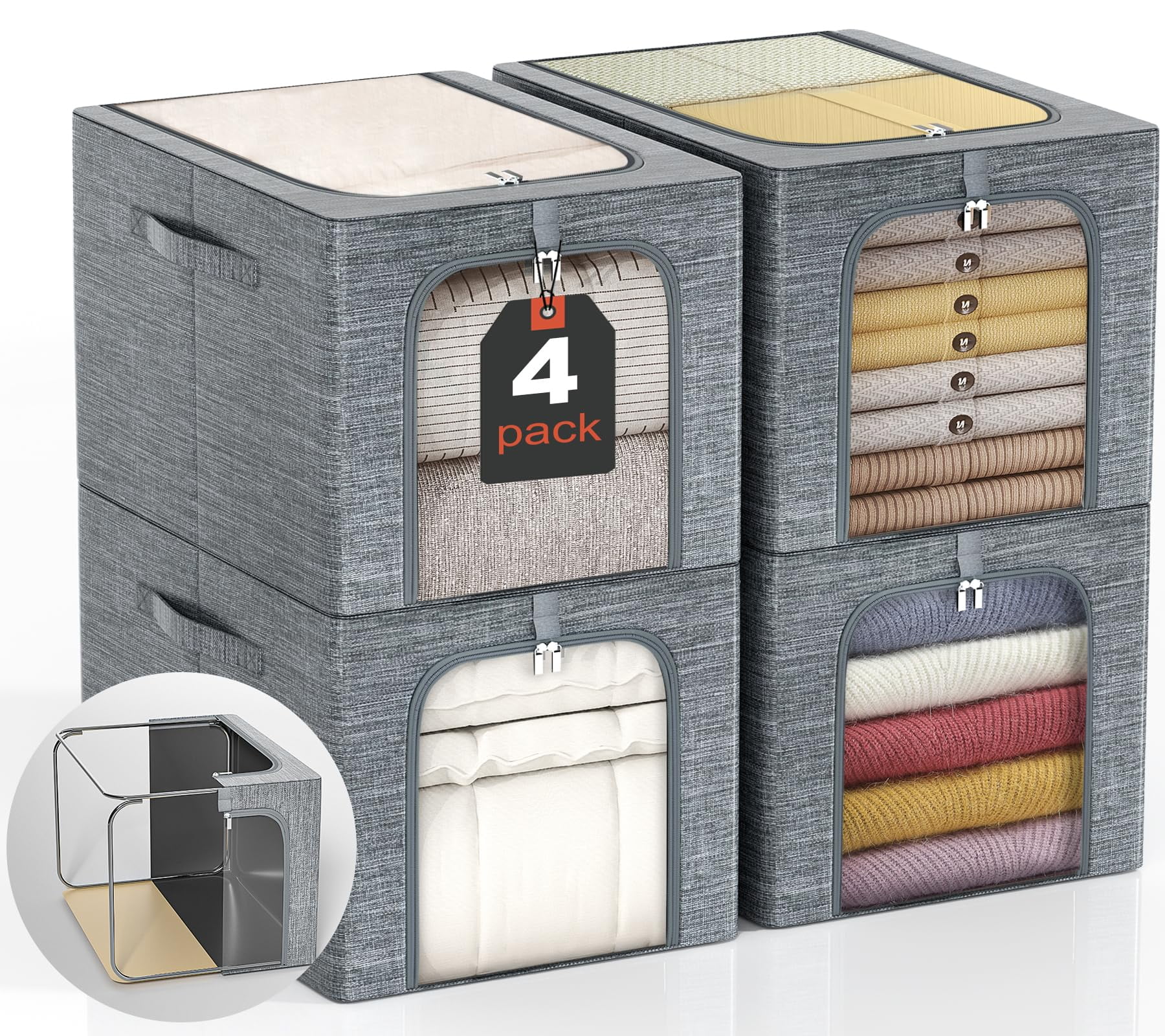 4-pack 40L Stackable Closet Organizer Storage Bins with Metal Frame ...