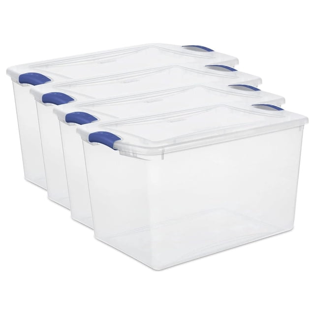 (4 pack) 66 Quart Clear Plastic Storage Container with Lid, Blue ...