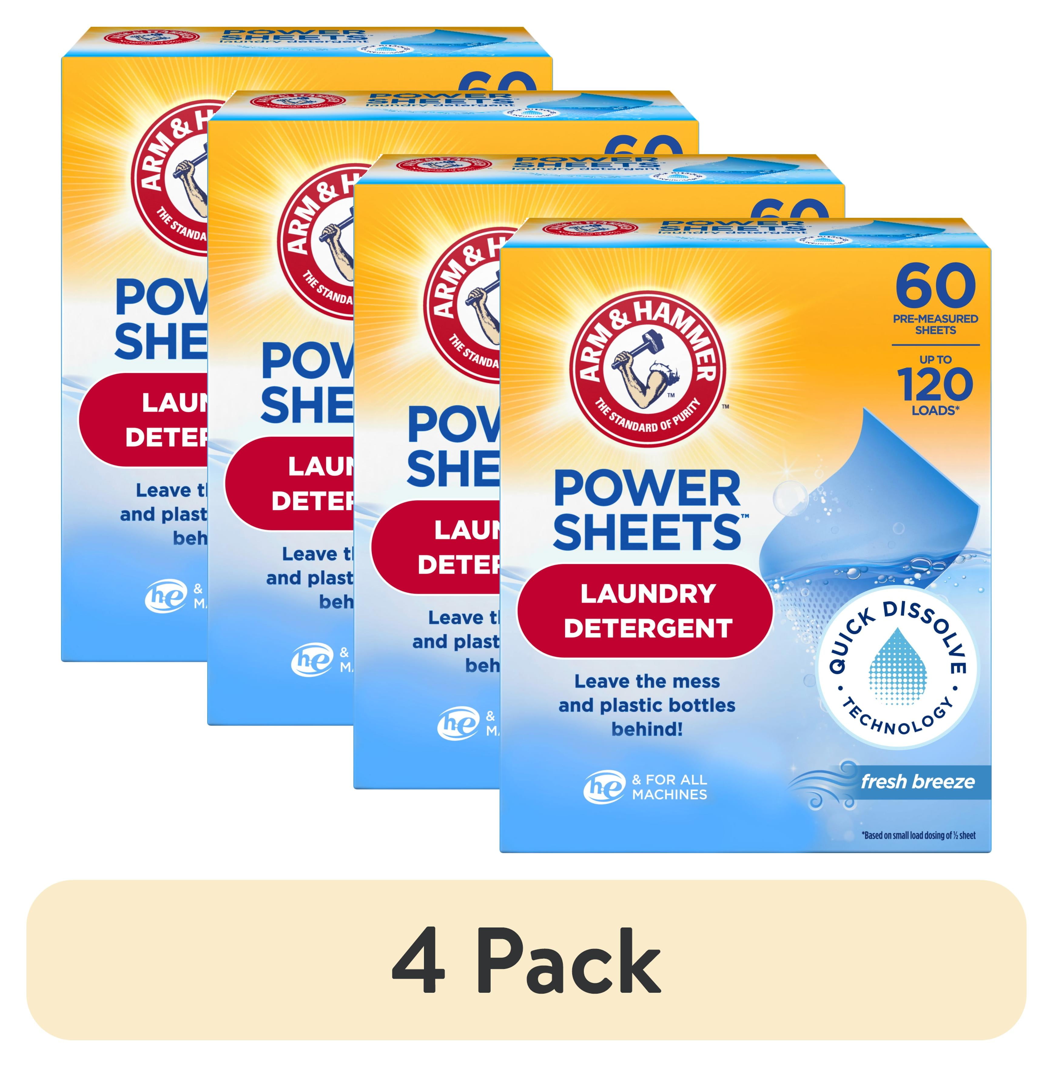 (4 pack) ARM & HAMMER Power Sheets Laundry Detergent, Fresh Breeze 60 ...