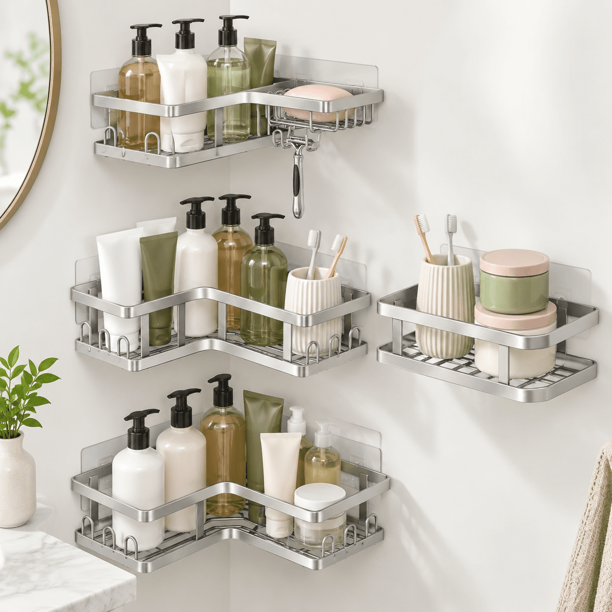 4-pack Adhesive Corner Shower With Soap Holder No Drilling Wall Mounted ...