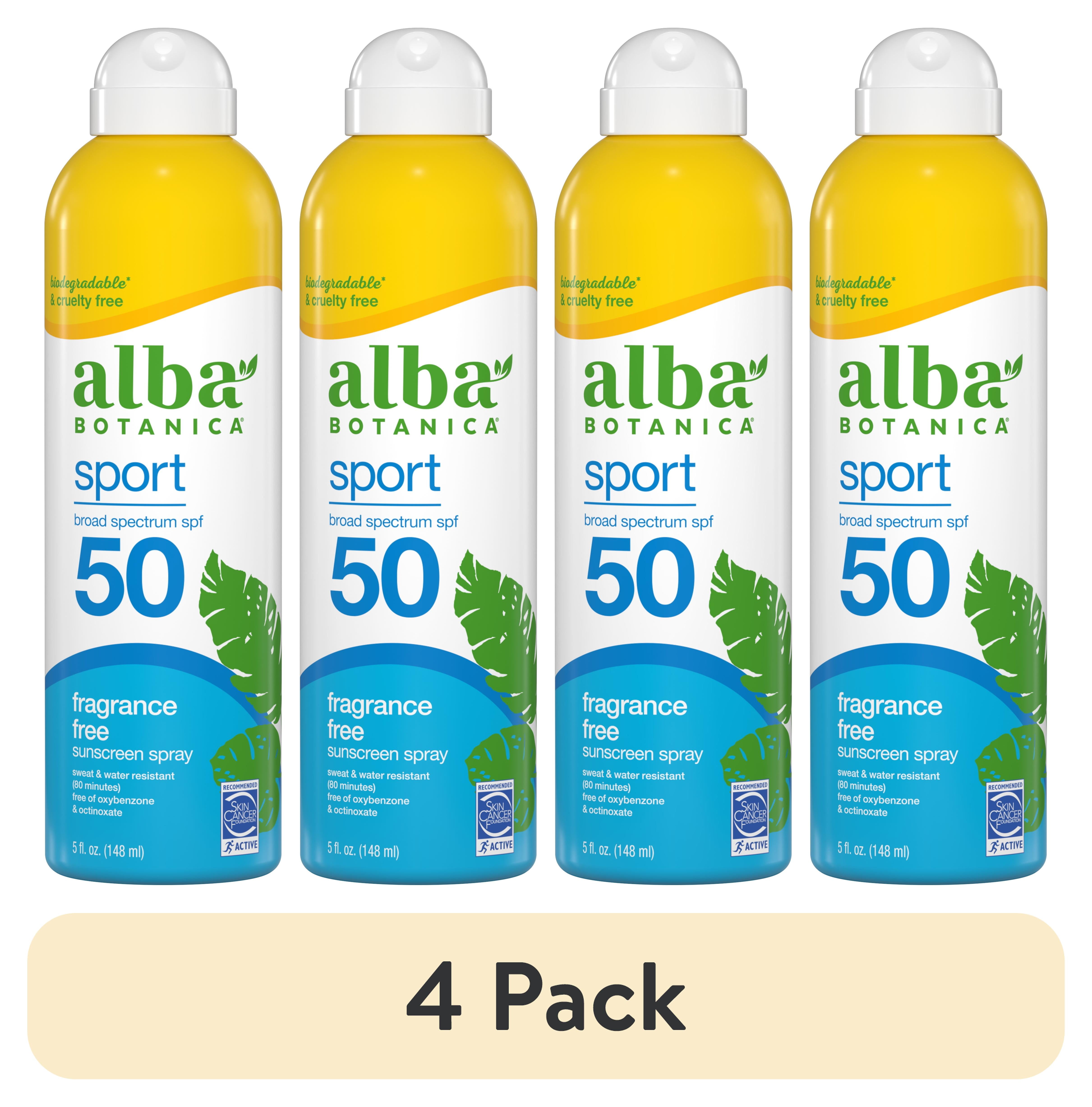 (4 pack) Alba Botanica Sport Sunscreen Spray SPF 50, Fragrance Free, 5 ...