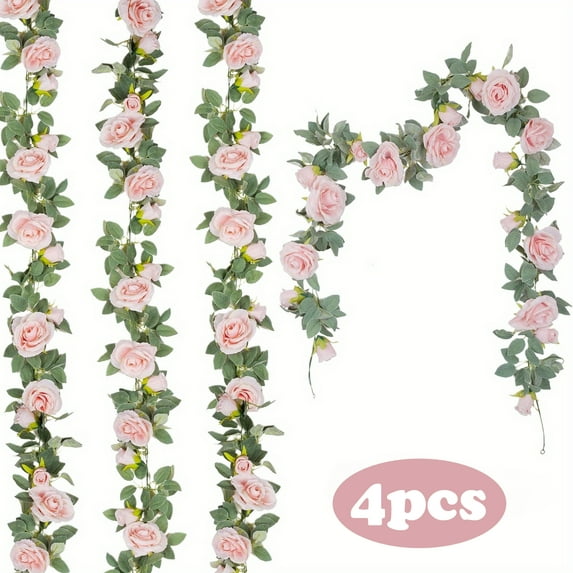 4 pack Artificial Pink Rose Garland with Green Leaves, Total 26ft ...
