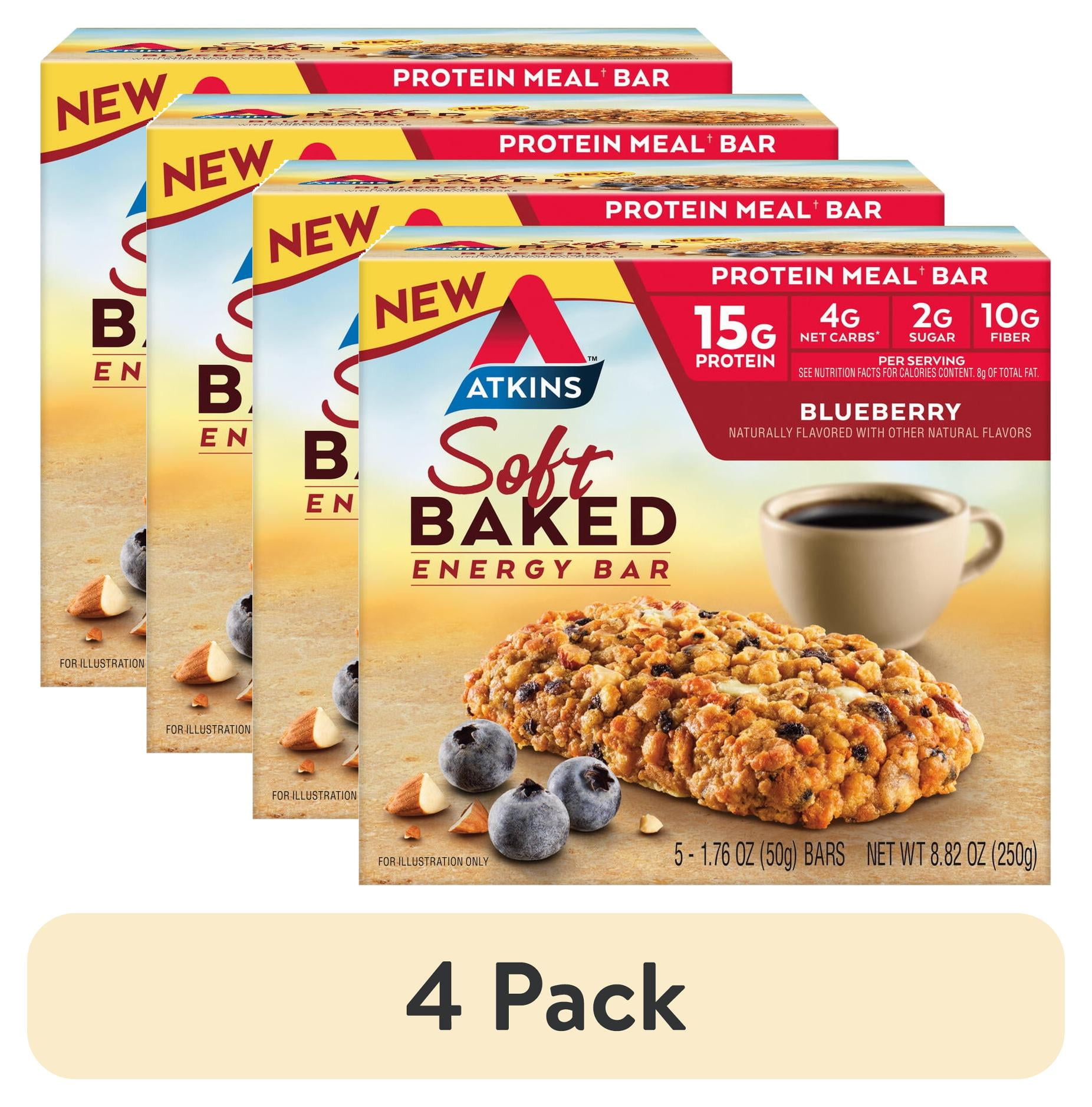 (4 pack) Atkins Blueberry Soft Baked High Protein Energy Bars, Low ...