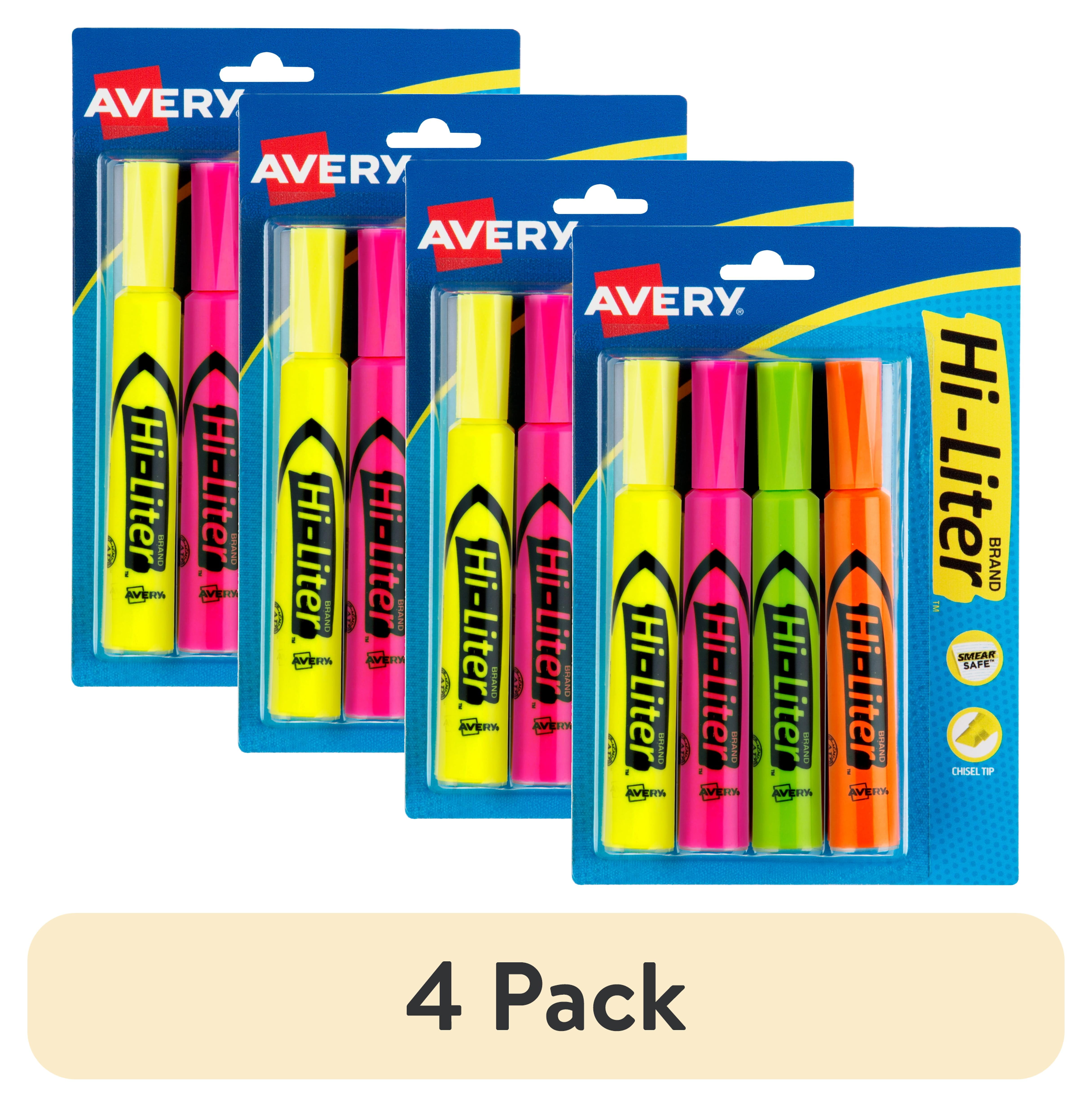 (4 pack) Avery Hi-Liter Desk-Style Highlighters, SmearSafe, Chisel Tip ...