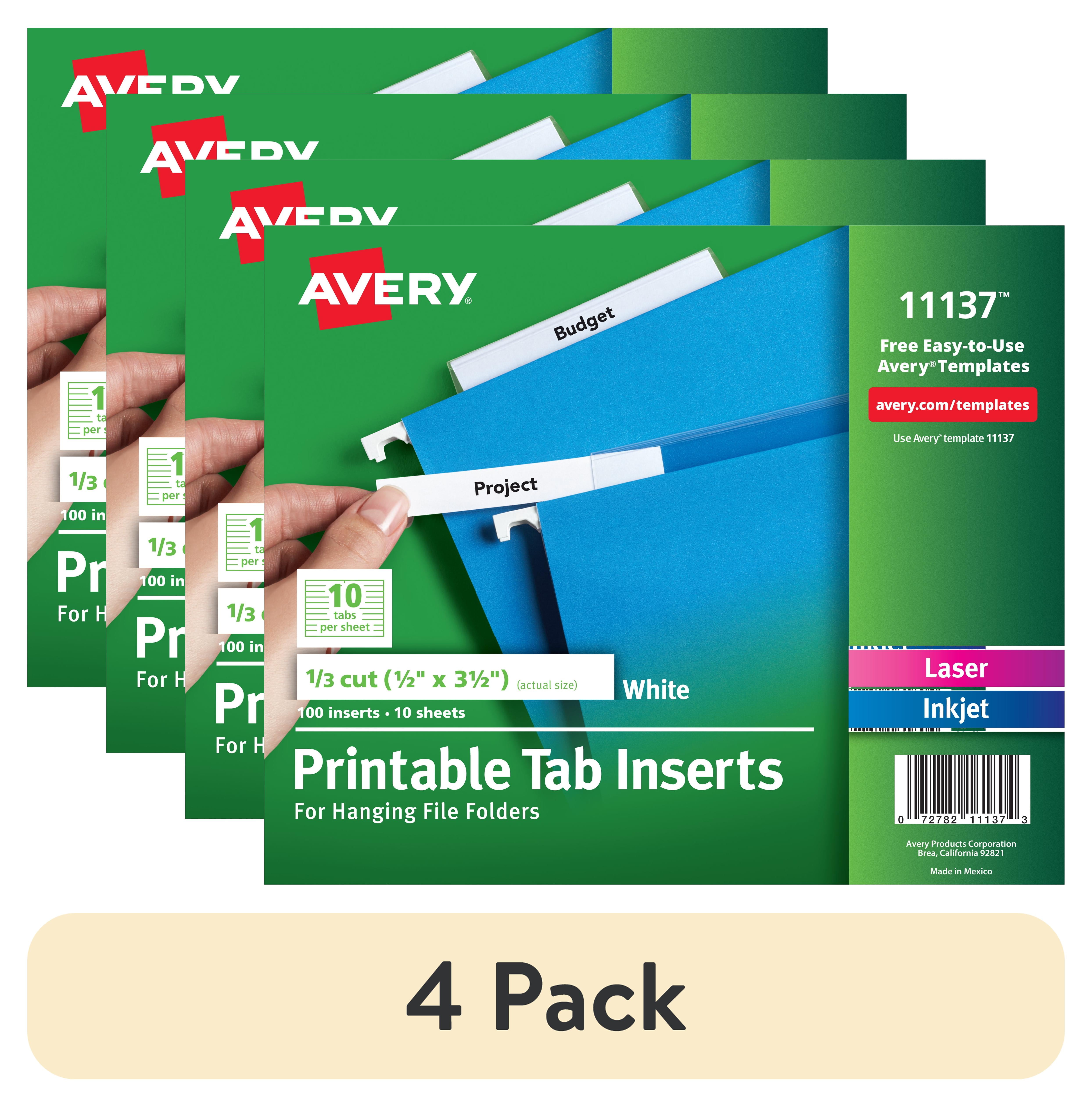 (4 pack) Avery Printable Tab Inserts for Hanging File Folders, 3-1/2" (11137) - Walmart.com
