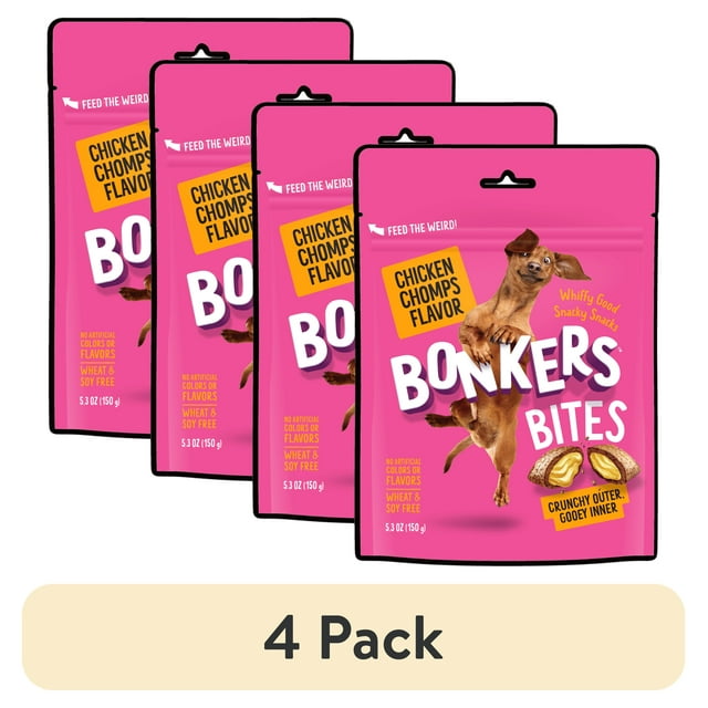 (4 pack) BONKERS Dog Bites, Crunchy & Soft Chicken Chomps Flavored Cat ...