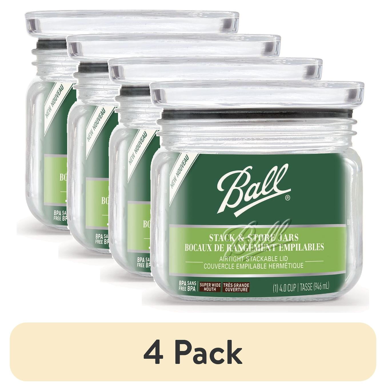 (4 pack) Ball Quart Glass Jar with Glass Lid, 4 Cup Stackable Pantry ...