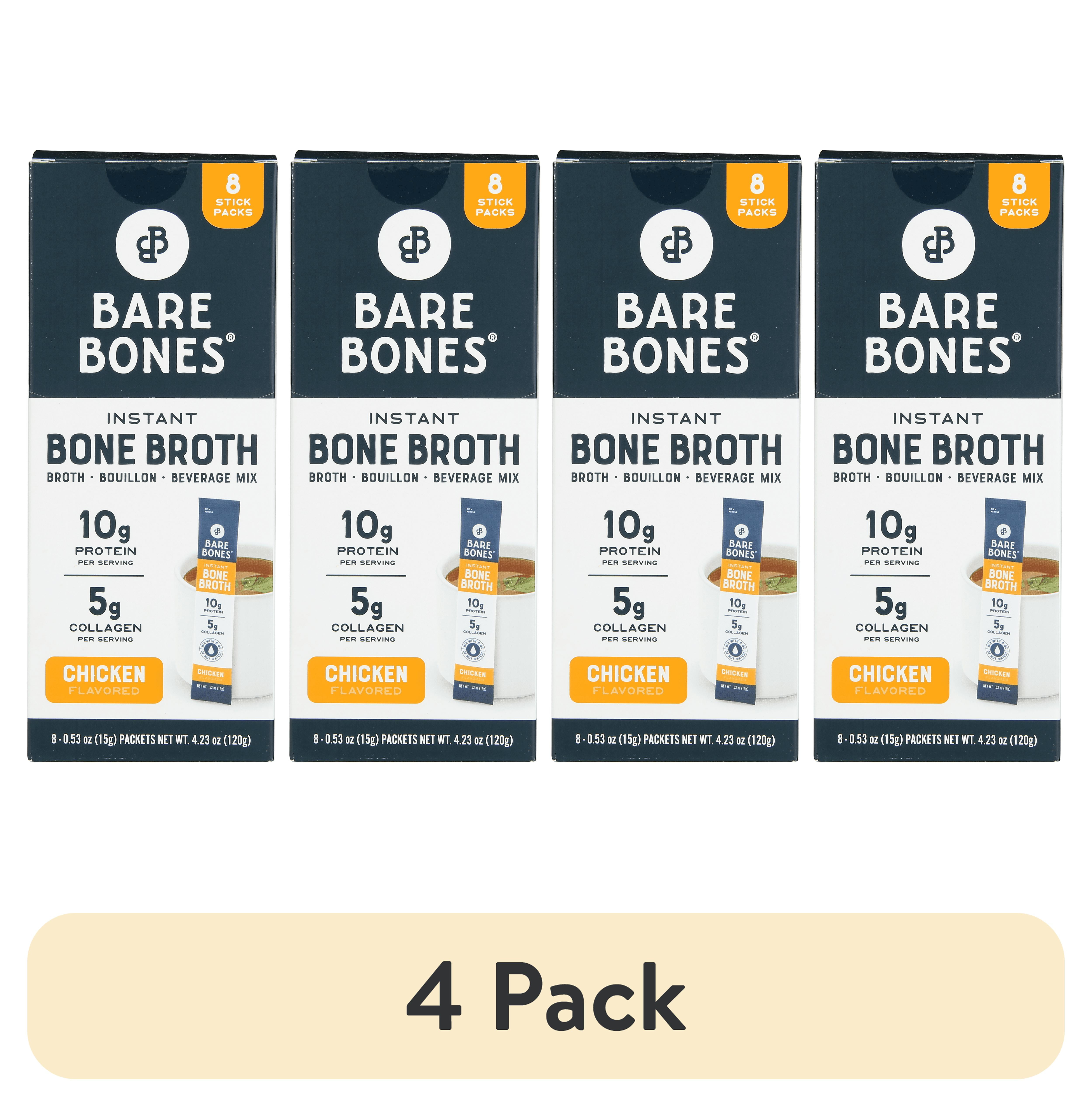 (4 pack) Bare Bones Instant Chicken Bone Broth Sticks, 10G Protein, 4.23 oz, 8 Count - Walmart.com
