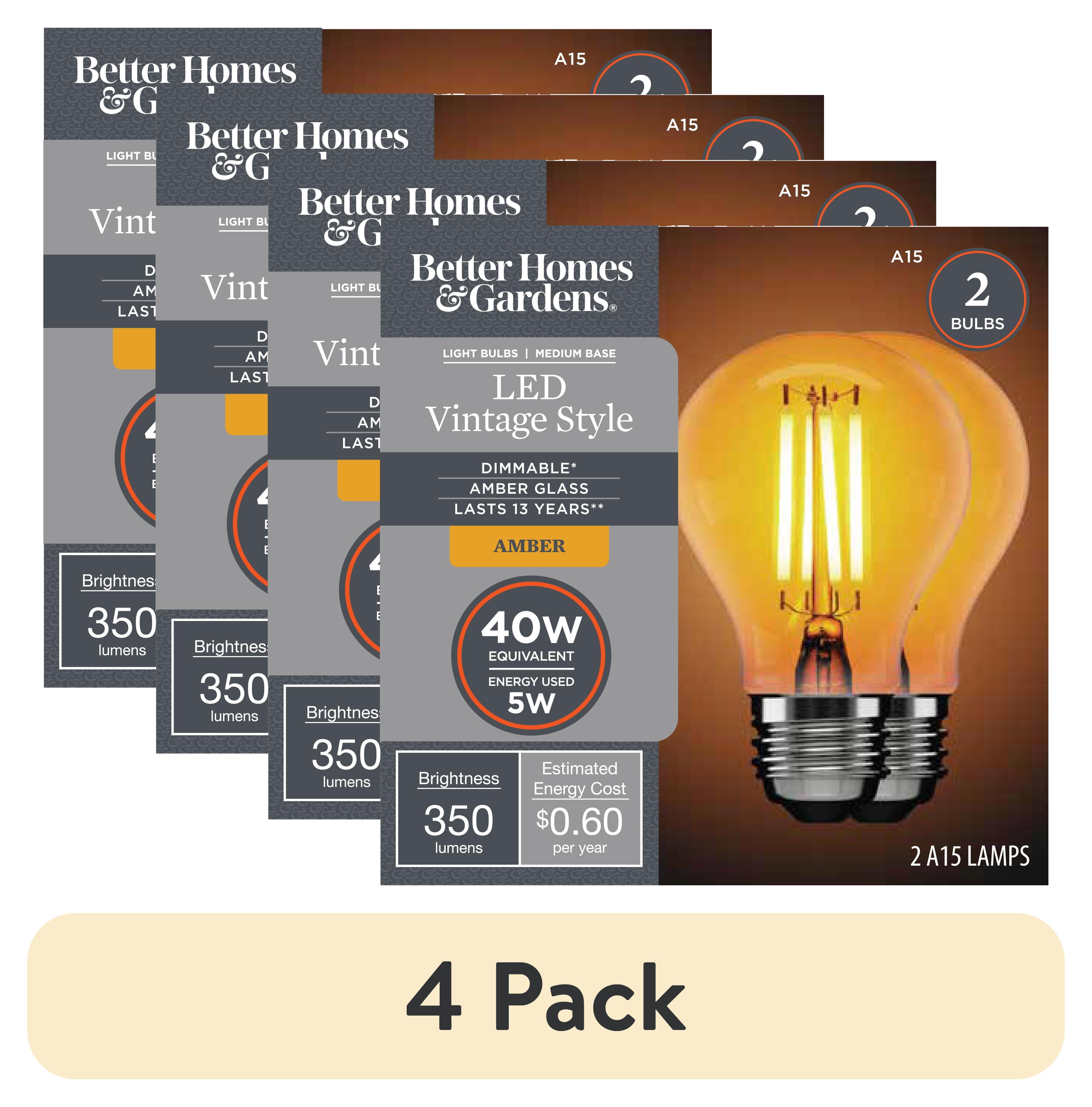 (4 pack) Better Homes & Gardens A15 Vintage LED Amber Light Bulb, 40 Watt Eqv, E26, Dimmable - 2 ...