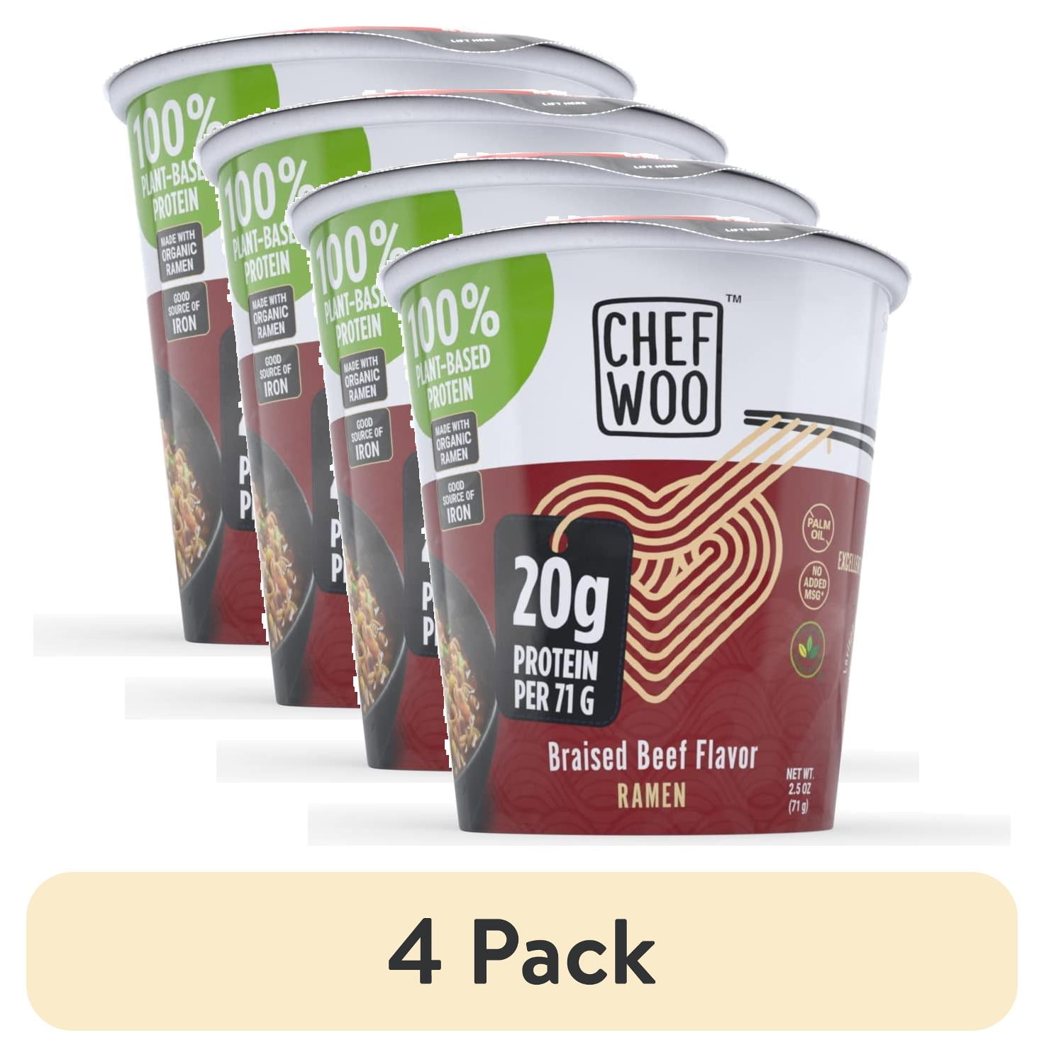 (4 pack) CHEF WOO Braised Beef Ramen, High Protein Noodles, 20g of ...