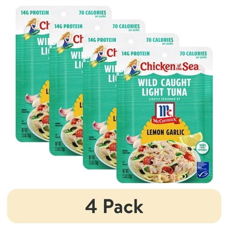 (4 pack) Chicken of the Sea Wild Caught Light Tuna Packet, Lemon Garlic ...