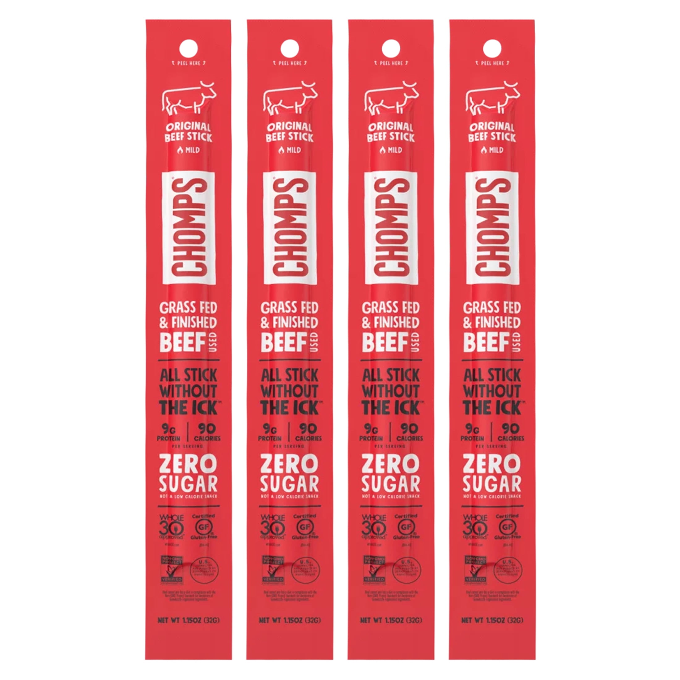 (4 pack) Chomps Grass-Fed & Finished Original Beef Stick, 10g of ...