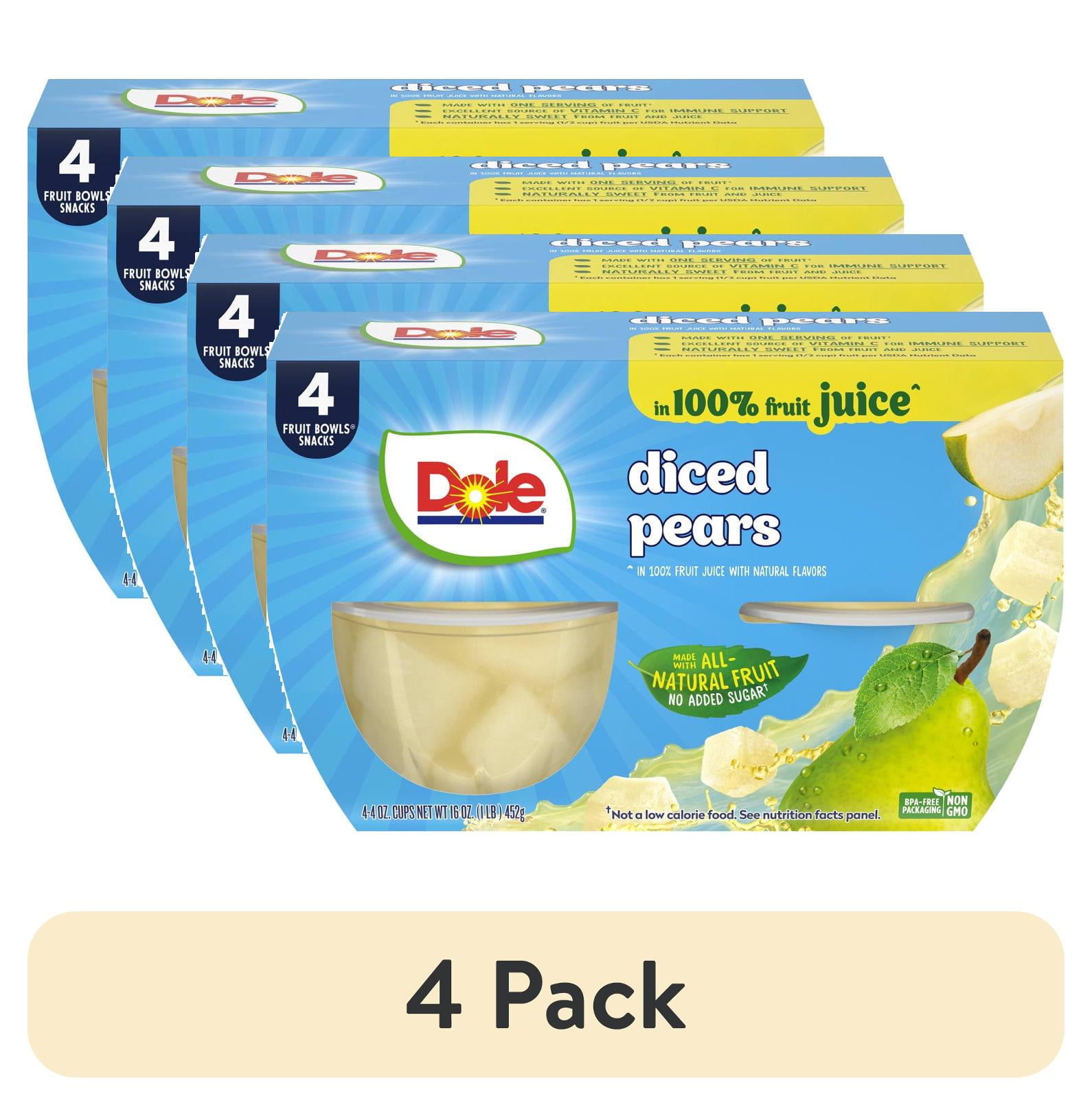 (4 pack) Dole Fruit Bowls Diced Pears in 100% Fruit Juice, 4 oz Cups (4 ...