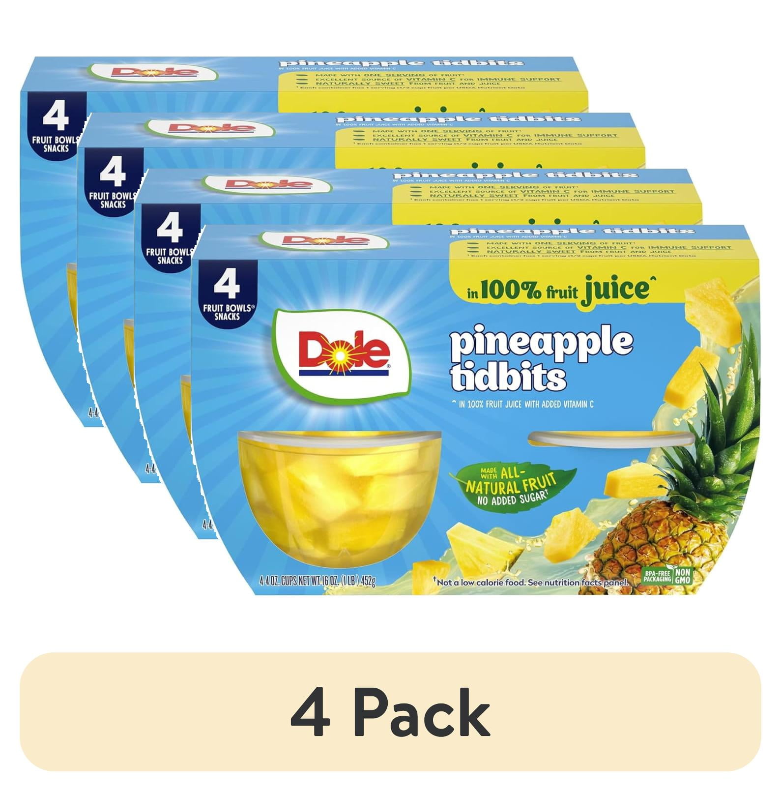 (4 pack) Dole Fruit Bowls Pineapple Tidbits in 100% Fruit Juice, 4 oz ...