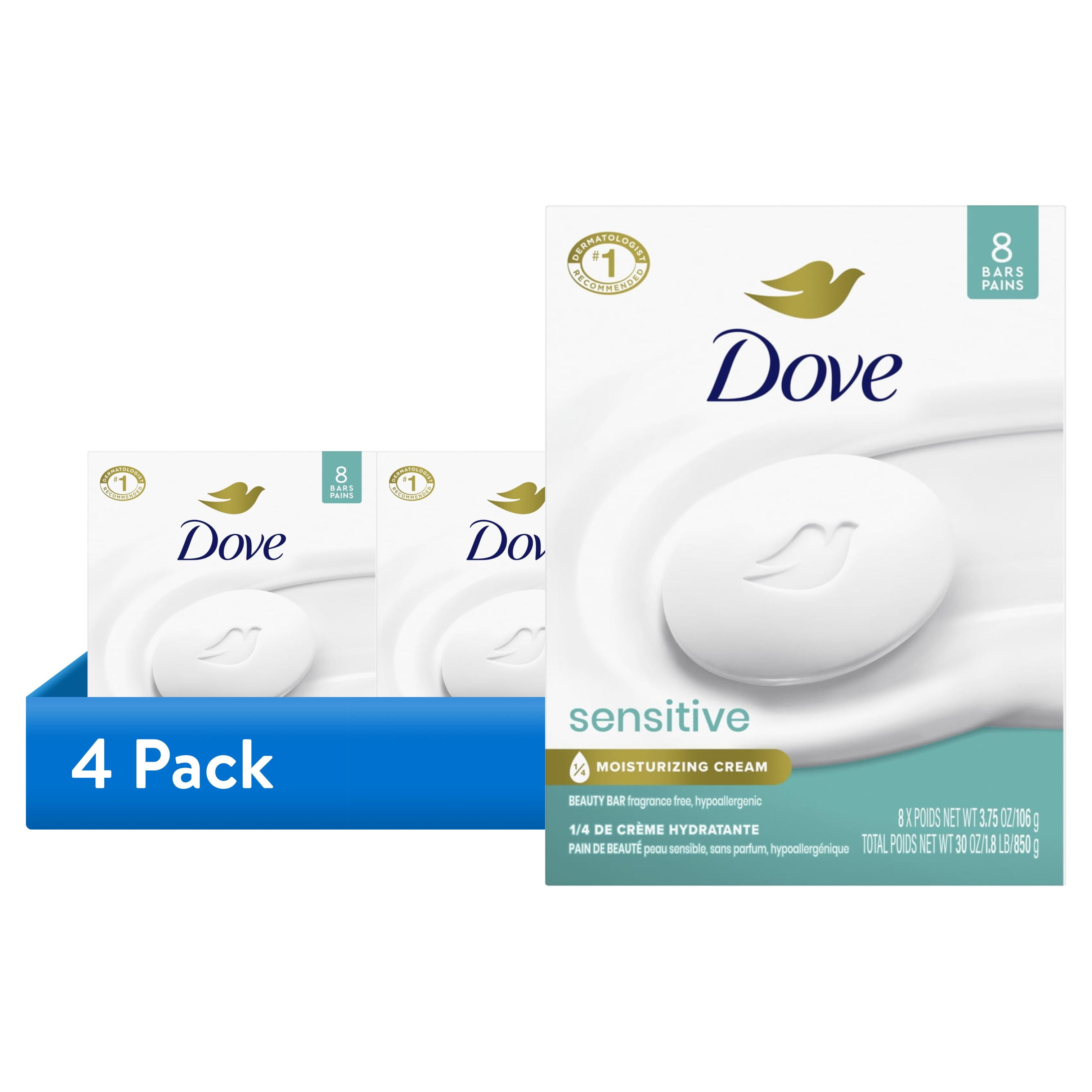 (4 pack) Dove Beauty Bar Women's Bath Soap Sensitive, 3.75 oz 8 Bars ...