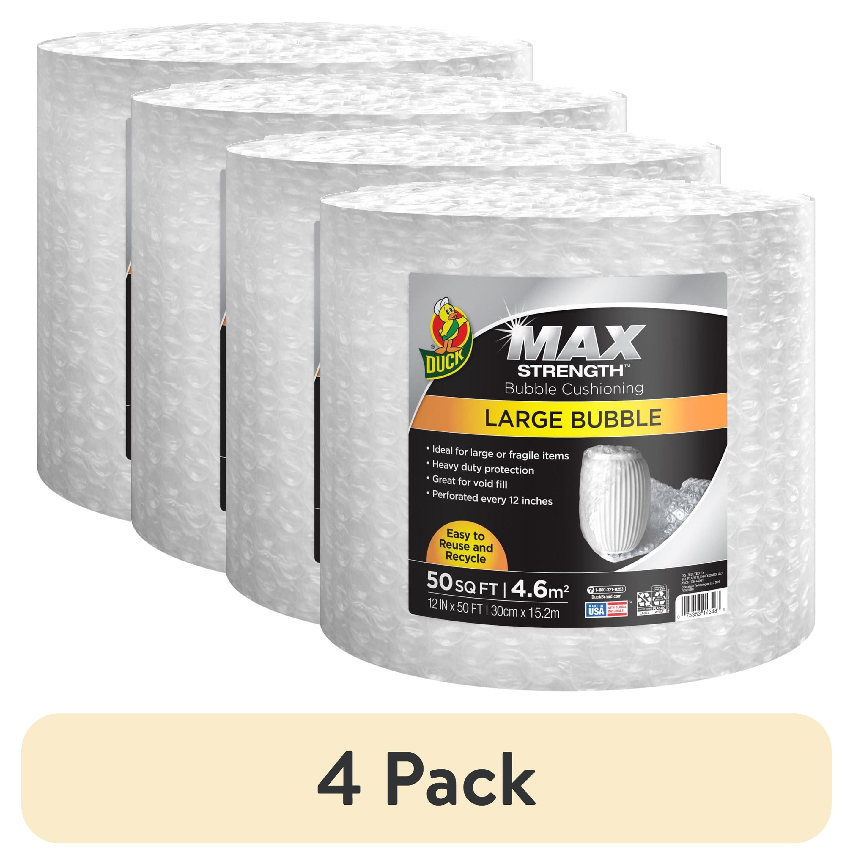 (4 pack) Duck Max Strength Large 5/16" Bubble Cushioning Wrap, 12" x 50 ...