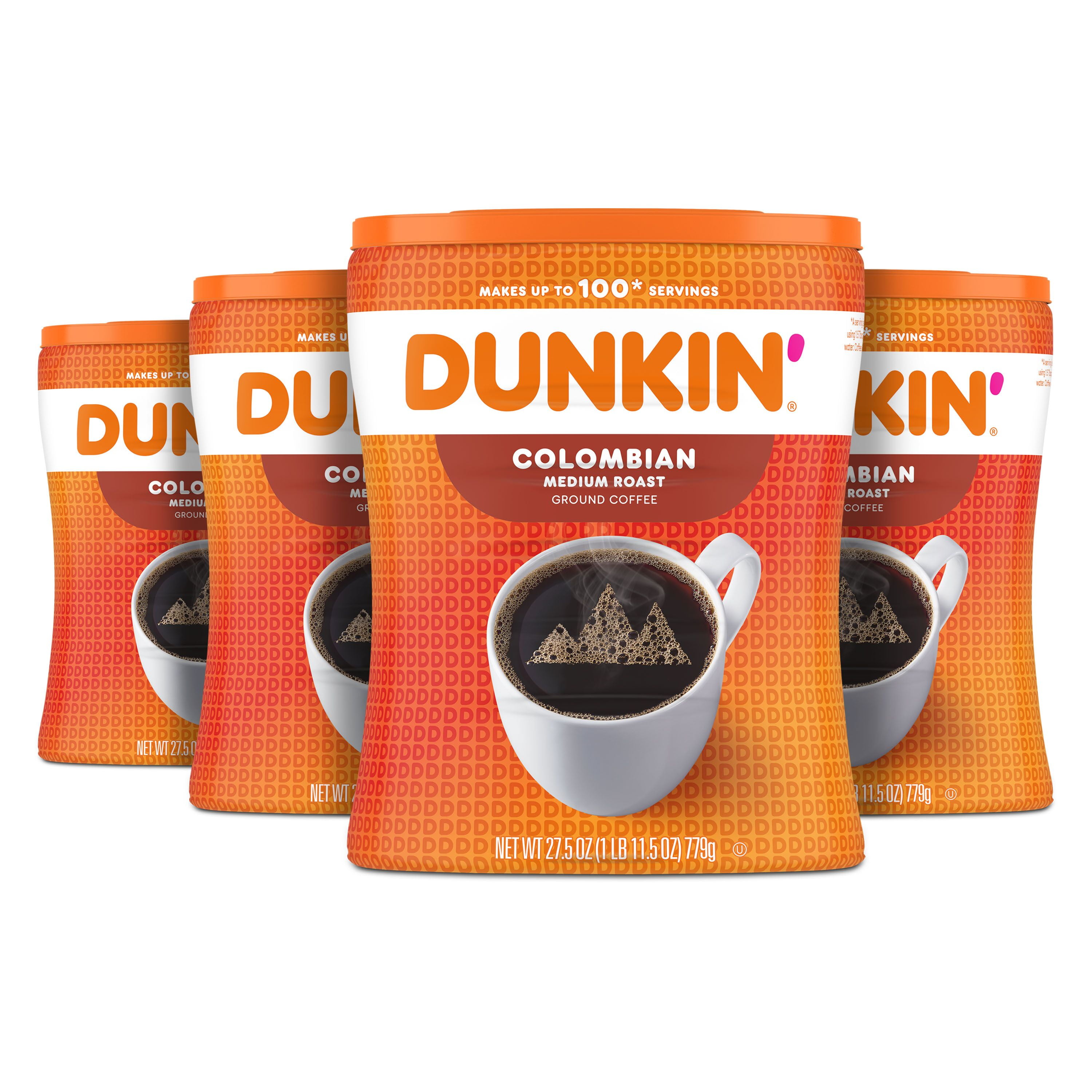 (4 pack) Dunkin’ Colombian Medium Roast Ground Coffee, 27.5 oz Canister ...