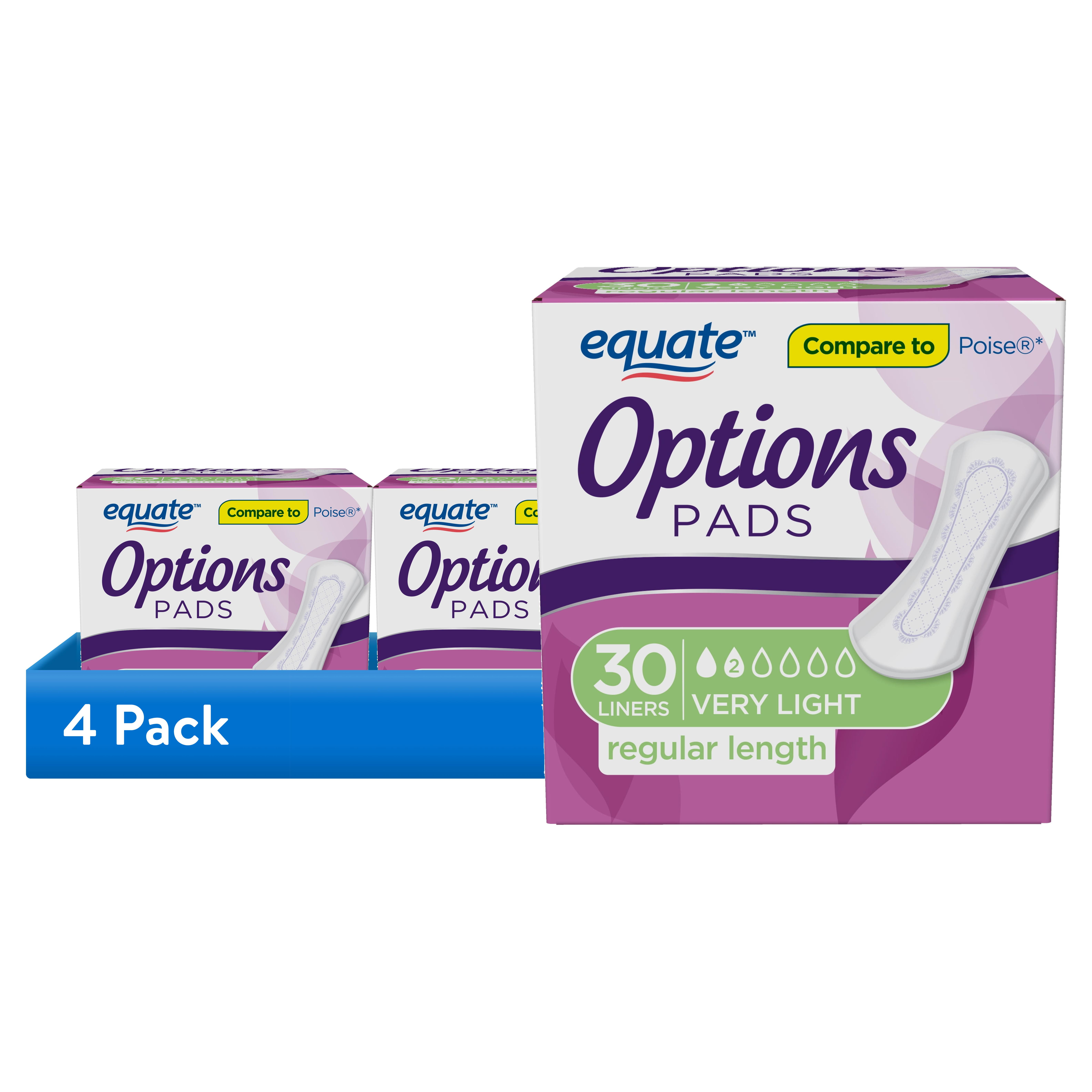 (4 pack) Equate Options Women's Incontinence Pads, Very Light, Regular Length (30 Count ...
