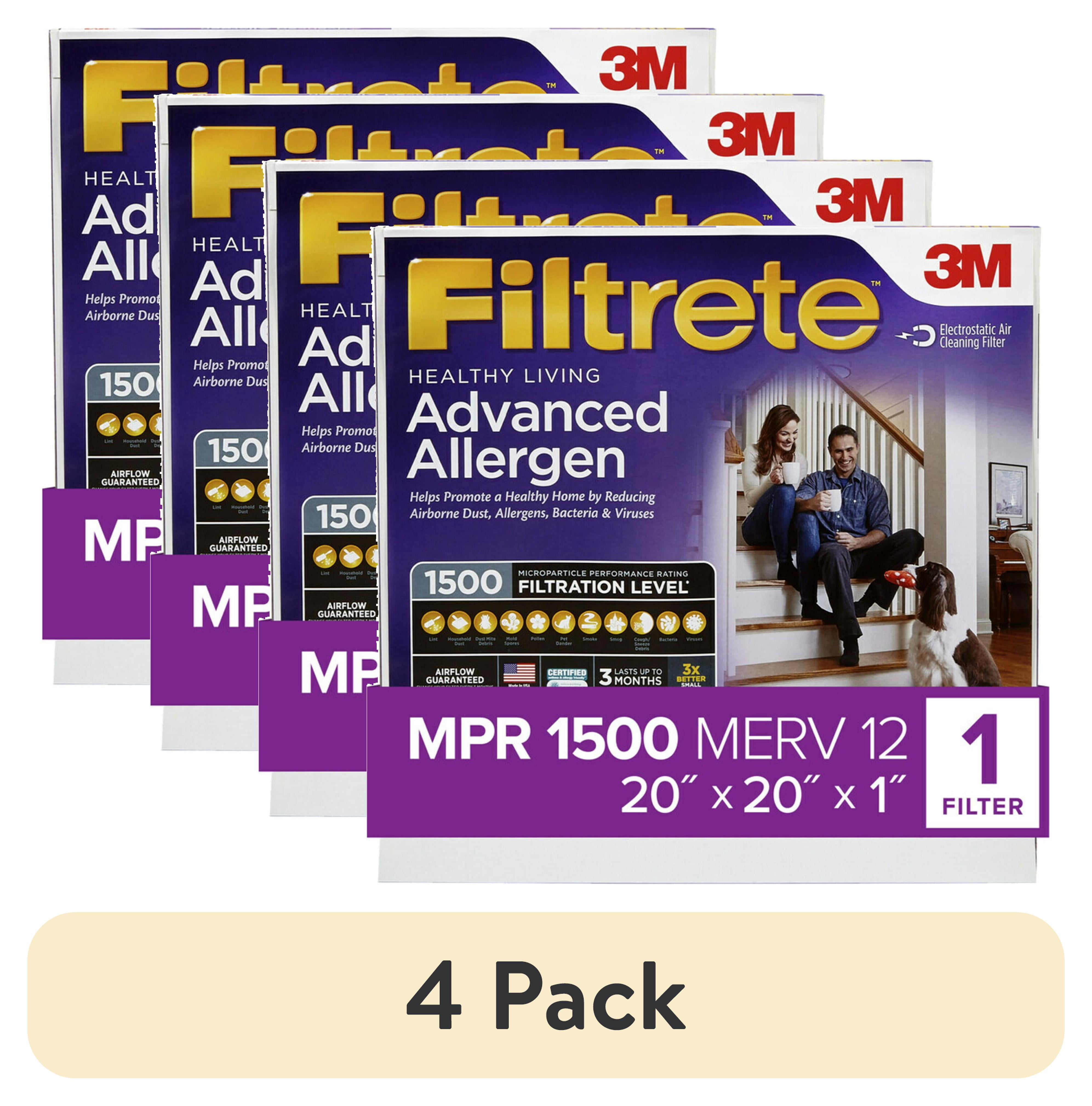 (4 pack) Filtrete 20x20x1 Air Filter, MPR 1500 MERV 12, Advanced Allergen Reduction, 1 New ...