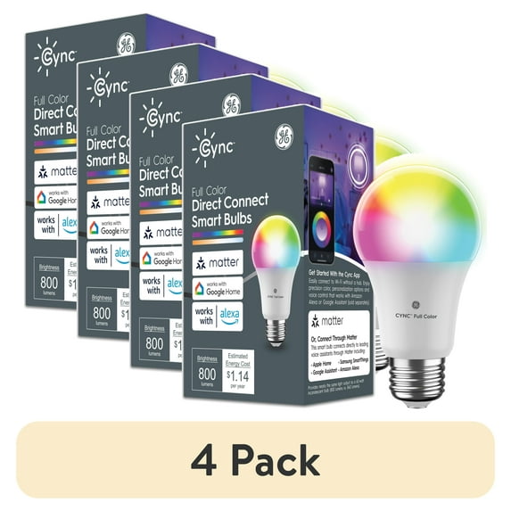 (4 pack) GE Cync A19 Smart LED Light Bulb, Color Changing Indoor Décor ...
