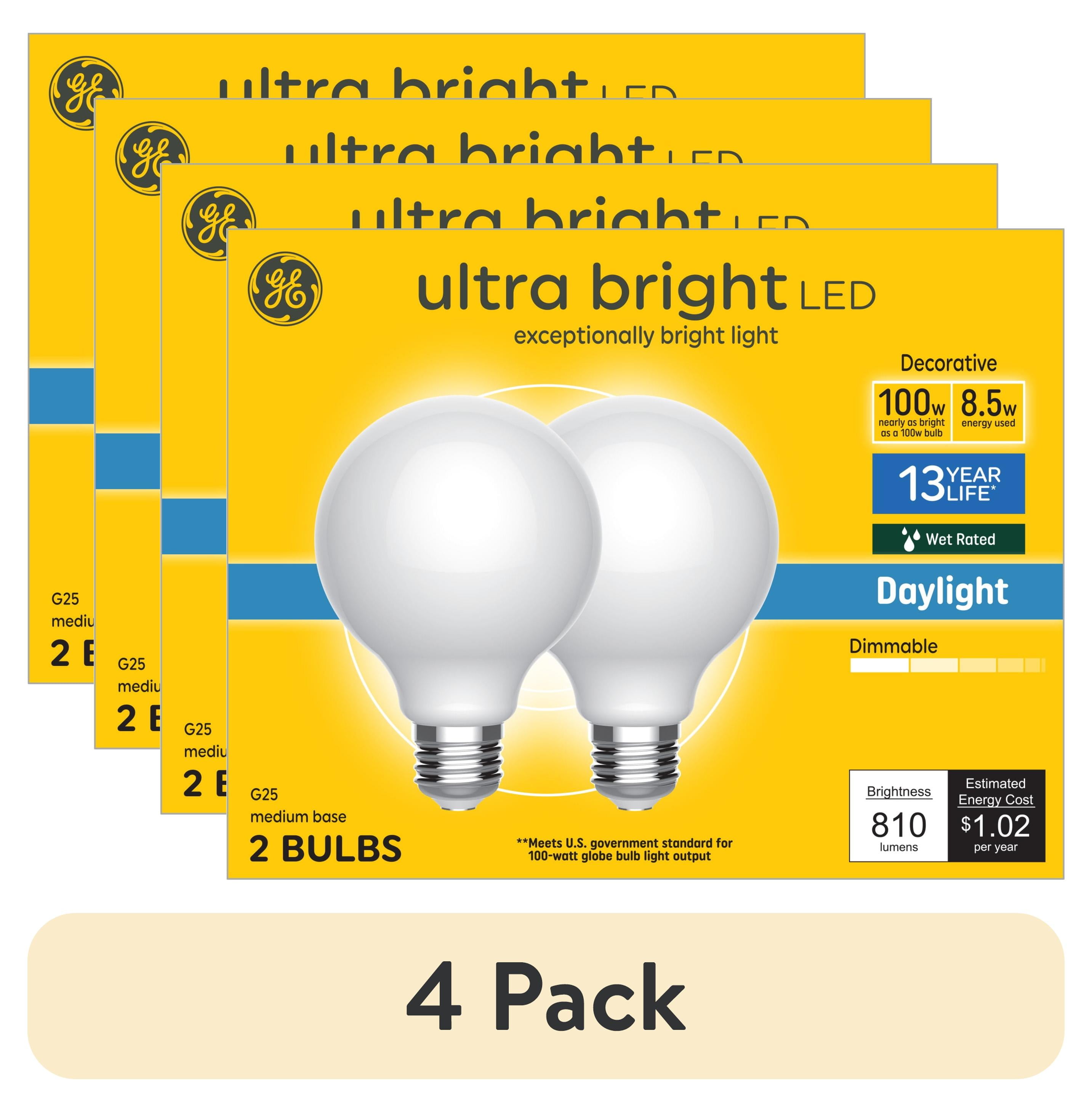 (4 pack) GE G25 Ultra Bright LED Light Bulbs, Daylight 100 Watts Globe ...