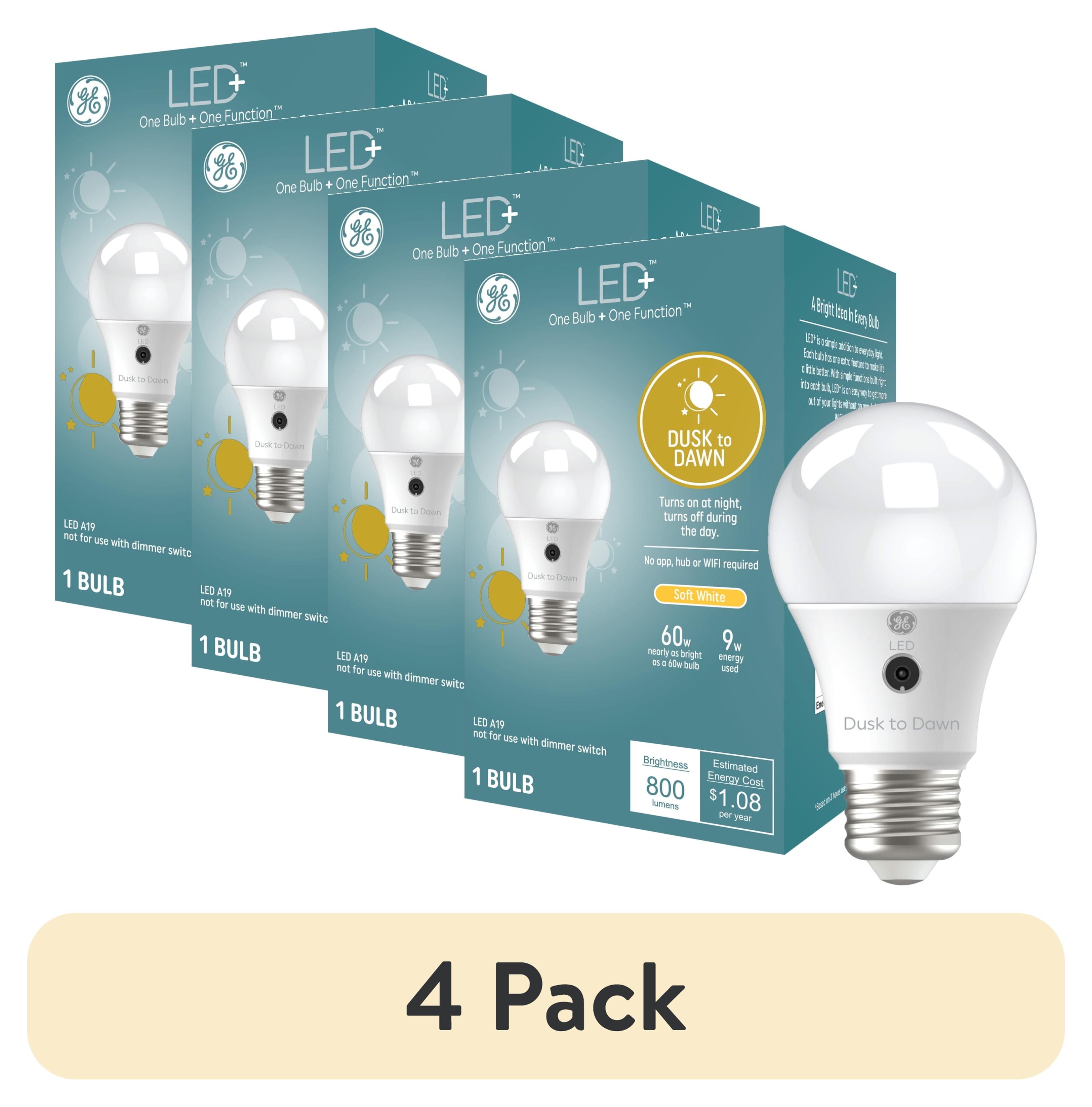 (4 pack) GE LED+ Dusk to Dawn LED Light Bulbs, 8.5 Watt, Soft White, A19 Bulb, Medium Base ...