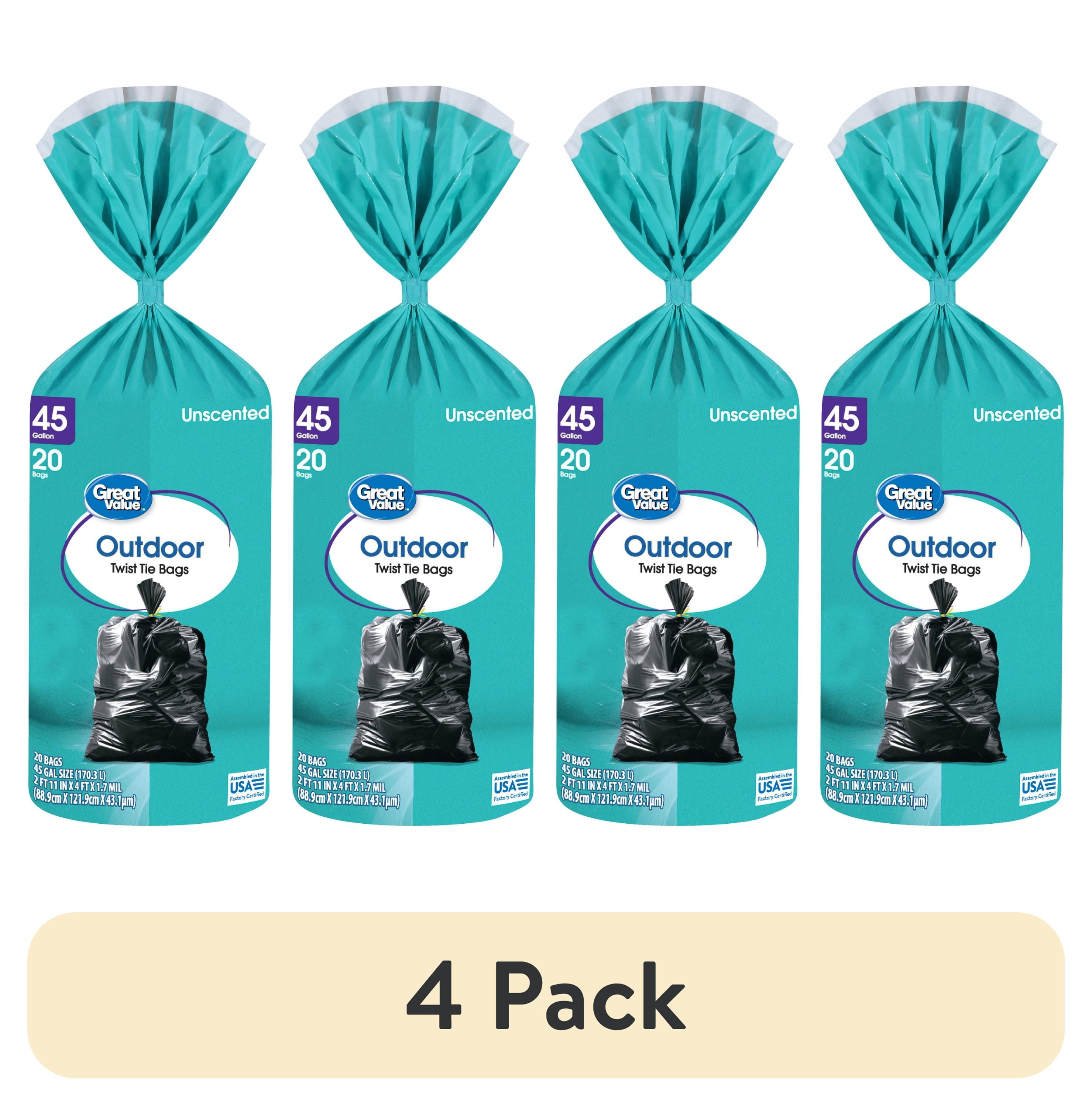 (4 pack) Great Value 45-Gallon Outdoor Twist Tie Bags, Unscented, 20 ...