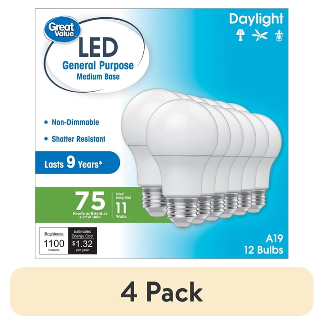 (4 pack) Great Value A19 LED Light Bulbs, 75 Watts Eqv, Daylight ...