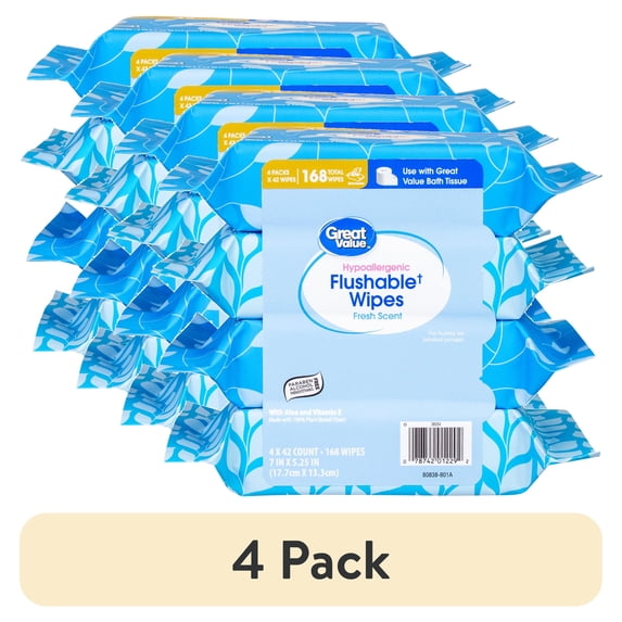 (4 pack) Great Value Flushable Wet Wipes, Fresh Scent, 4 Packs of 42 ...