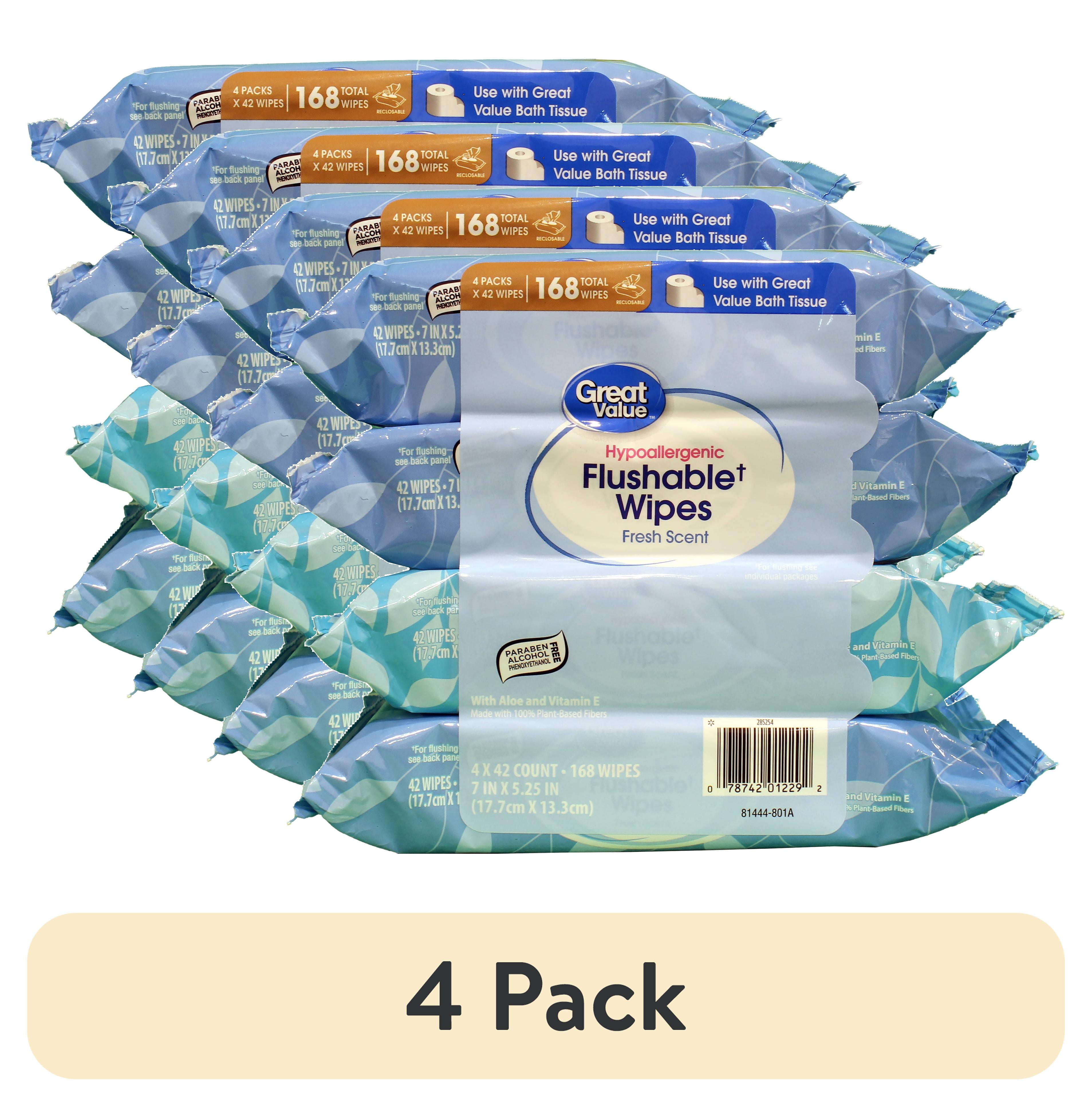(4 pack) Great Value Flushable Wet Wipes, Fresh Scent, 4 Packs of 42 ...