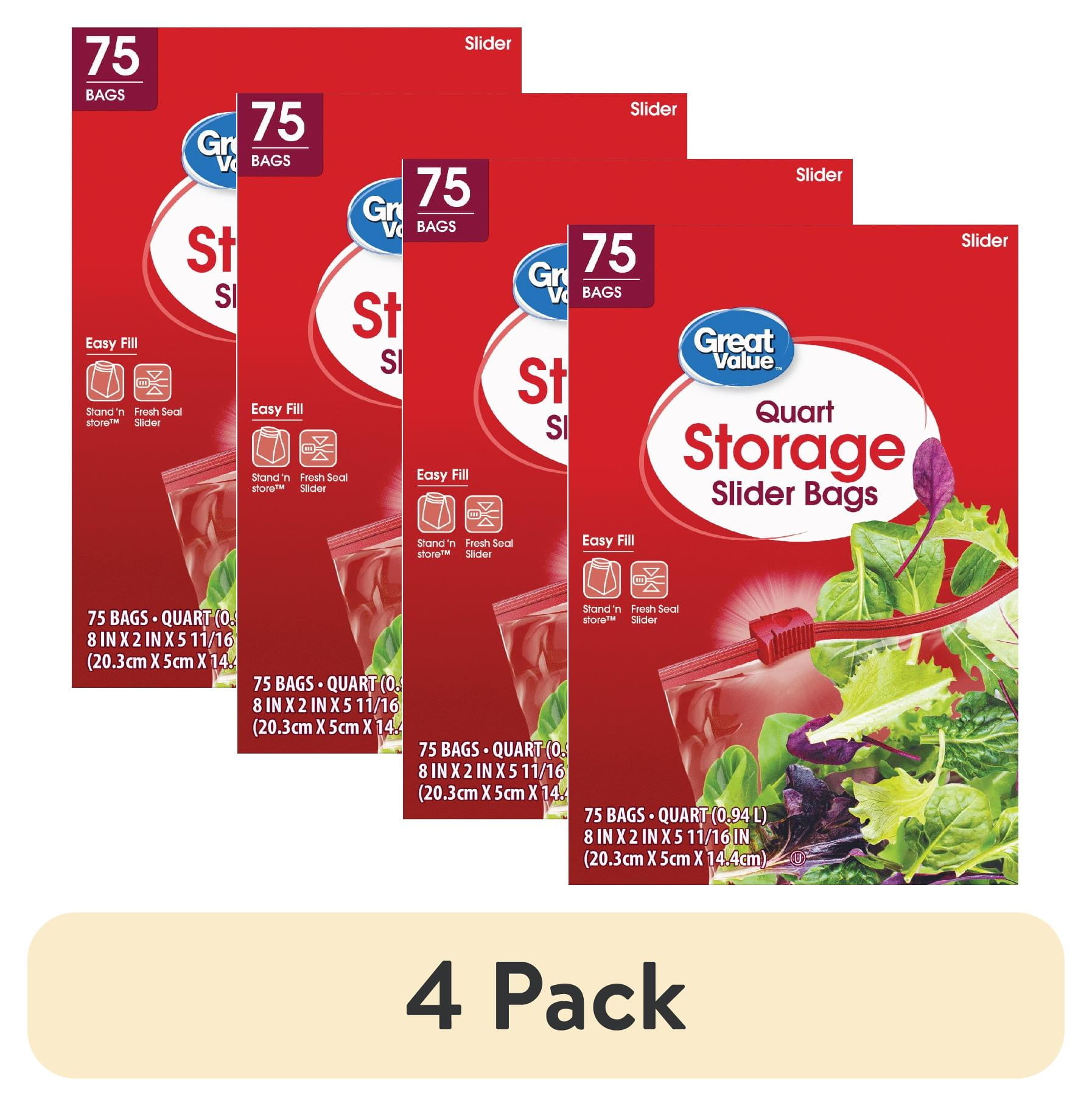 (4 pack) Great Value Fresh Seal Slider Zipper Bags, Quart Storage, 75 ...