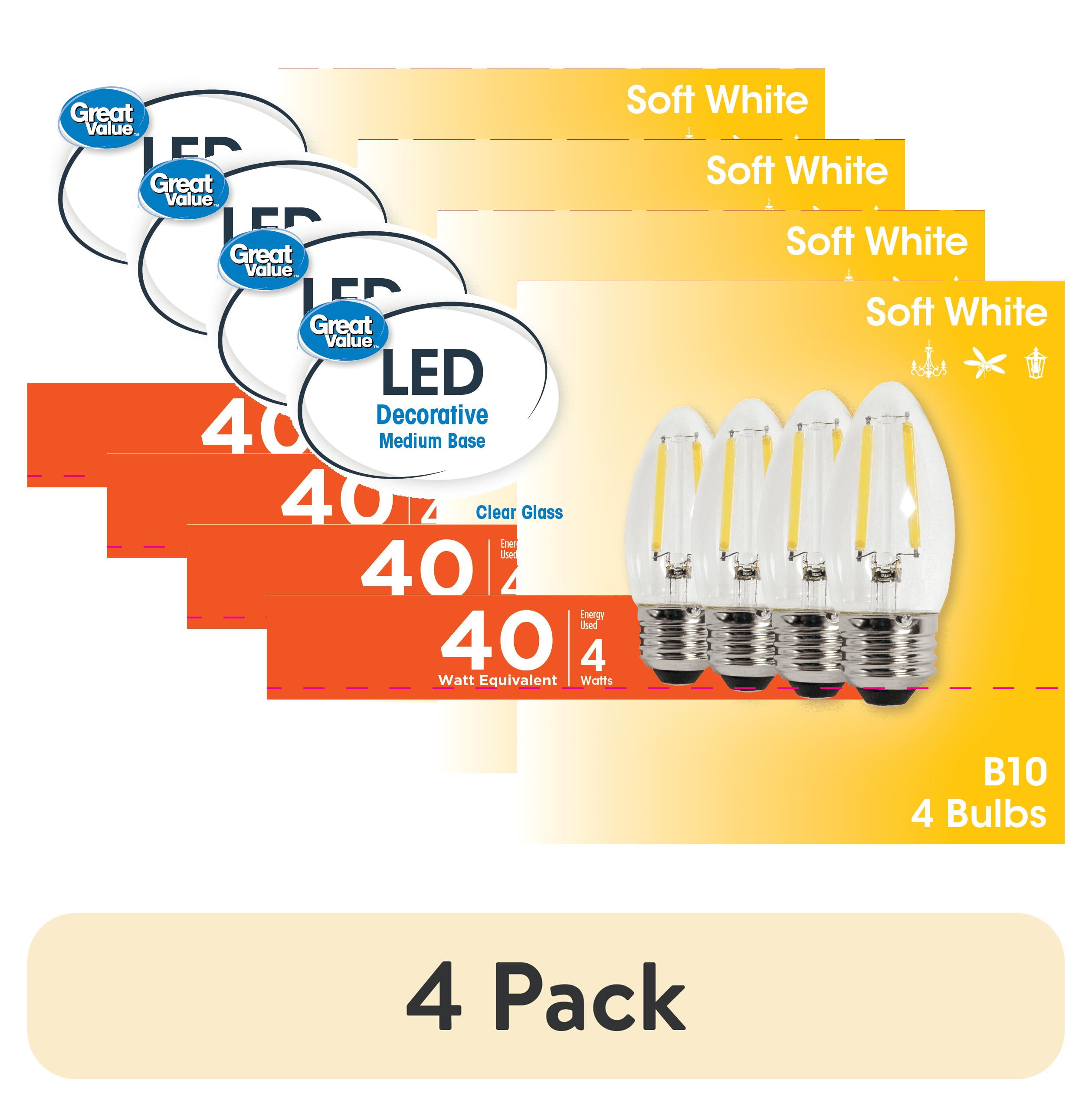 (4 pack) Great Value B10 LED 4W (40W Equivalent) Soft White E26 Medium ...