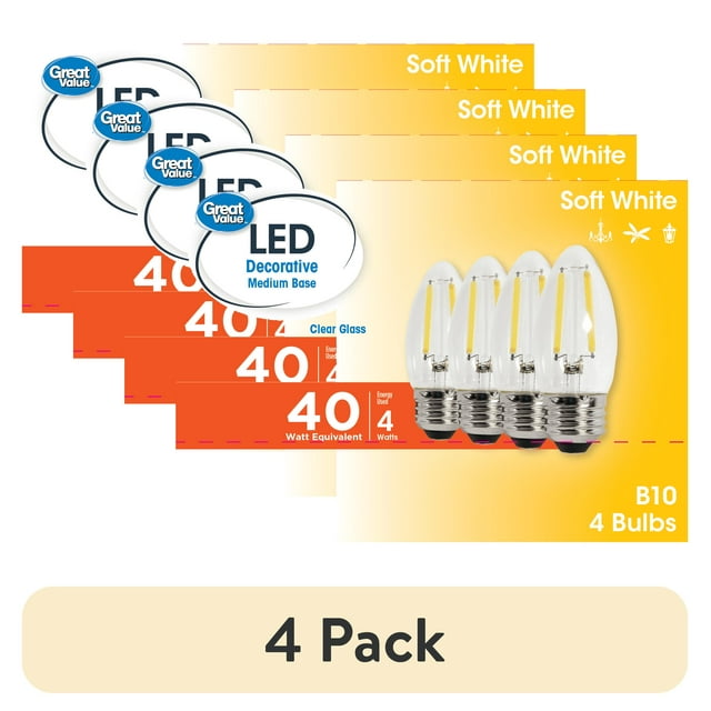 (4 pack) Great Value B10 LED 4W (40W Equivalent) Soft White E26 Medium ...
