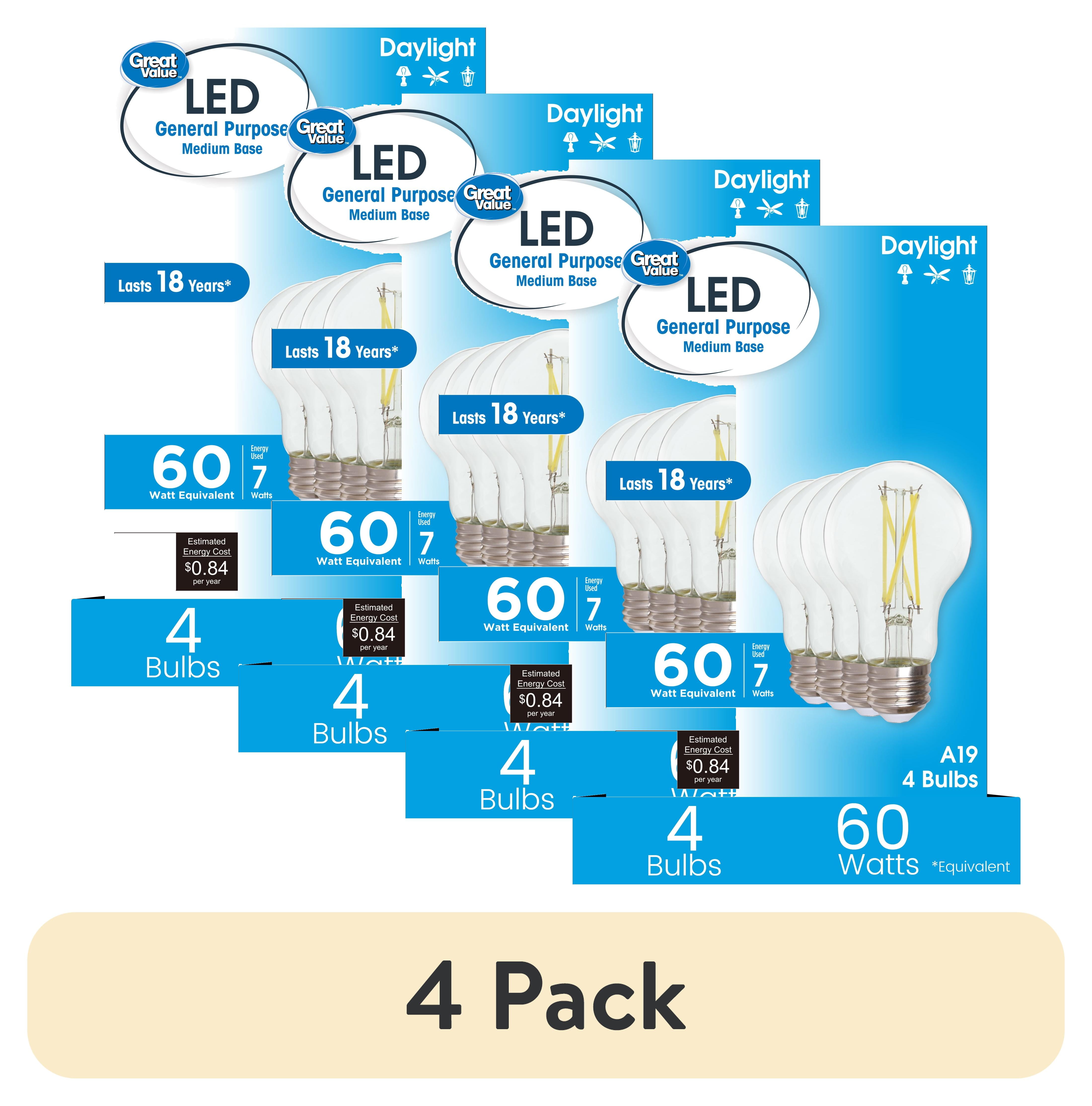 (4 pack) Great Value 18YR A19 LED Light Bulb, 7W (60W Equivalent) Dimmable Daylight E26 Medium ...