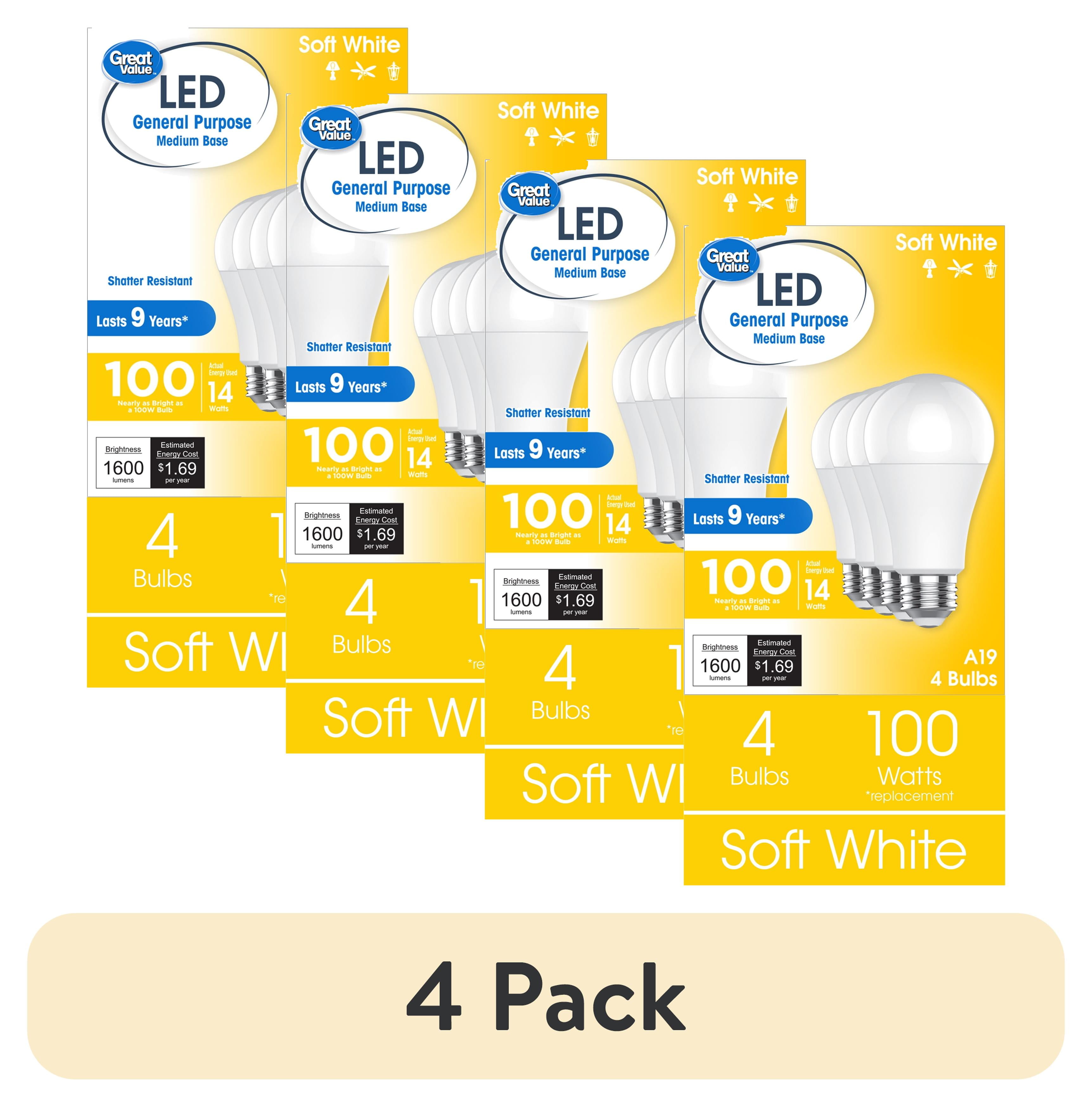 (4 pack) Great Value LED Light Bulbs, 100 Watts Eqv, Soft White, A19 ...