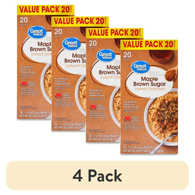 (4 pack) Great Value Maple & Brown Sugar Instant Oatmeal, 1.51 oz, 20 ...