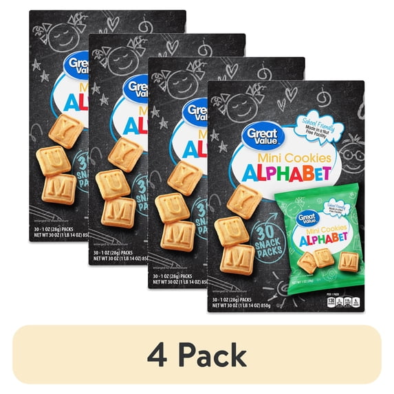 (4 pack) Great Value Mini Alphabet Cookies, 1 oz, 30 Snack Packs ...