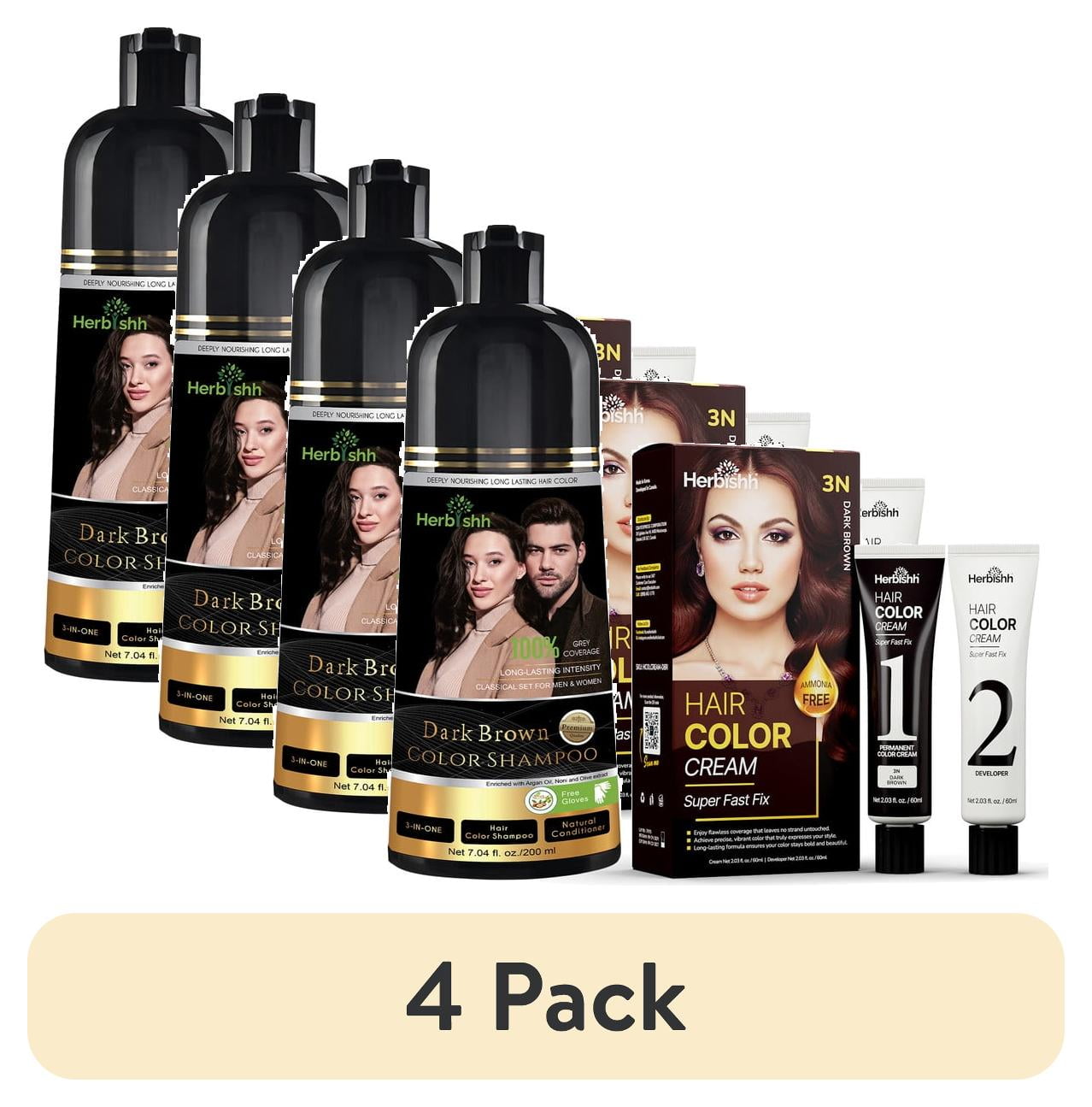 (4 pack) Herbishh Dark Brown Shampoo, Hair Dye Shampoo 3 in 1, 100% ...
