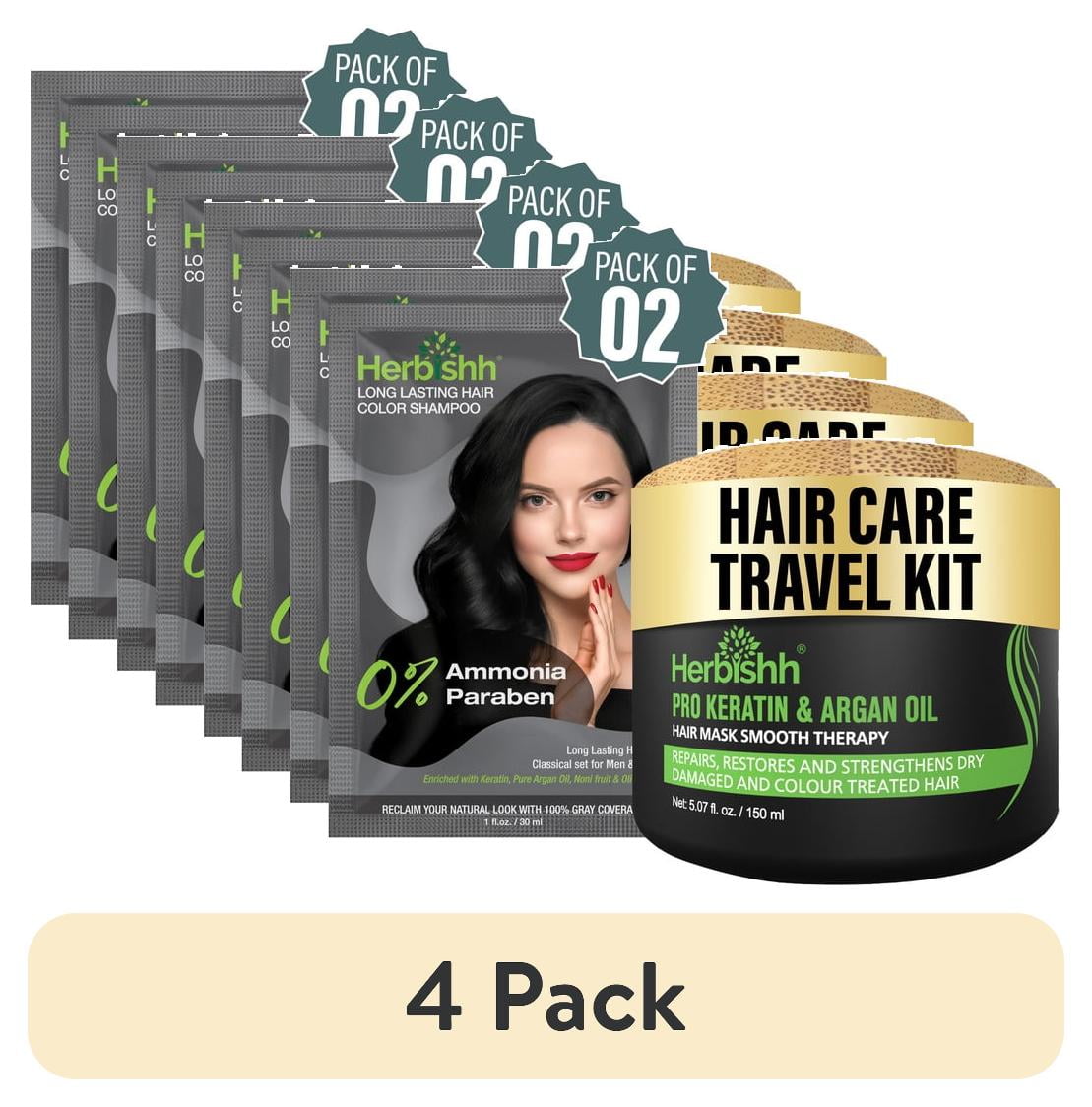 (4 pack) Herbishh Hair Dye Shampoo Black Color 3-in-1 Travel Pack (30ml x2) + Keratin Argan Oil ...
