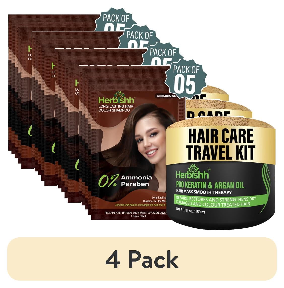 (4 pack) Herbishh Hair Dye Shampoo Dark Brown Color 3-in-1 Travel Pack (30ml x5) + Keratin Argan ...